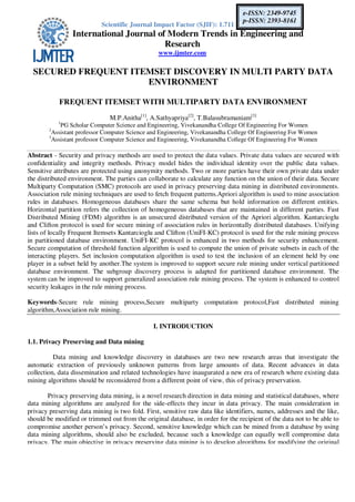 SECURED FREQUENT ITEMSET DISCOVERY IN MULTI PARTY DATA ENVIRONMENT FREQUENT ITEMSET WITH ...