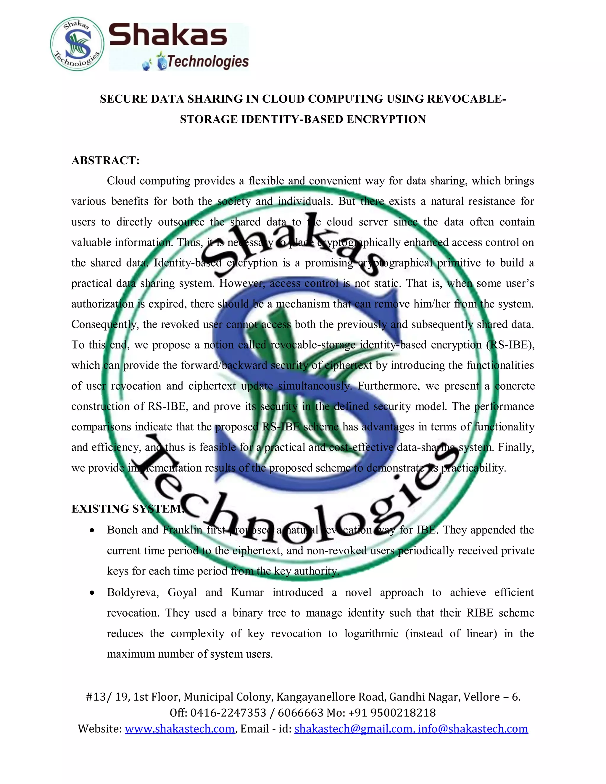 Secure Data Sharing In Cloud Computing Using Revocable Storage Identity