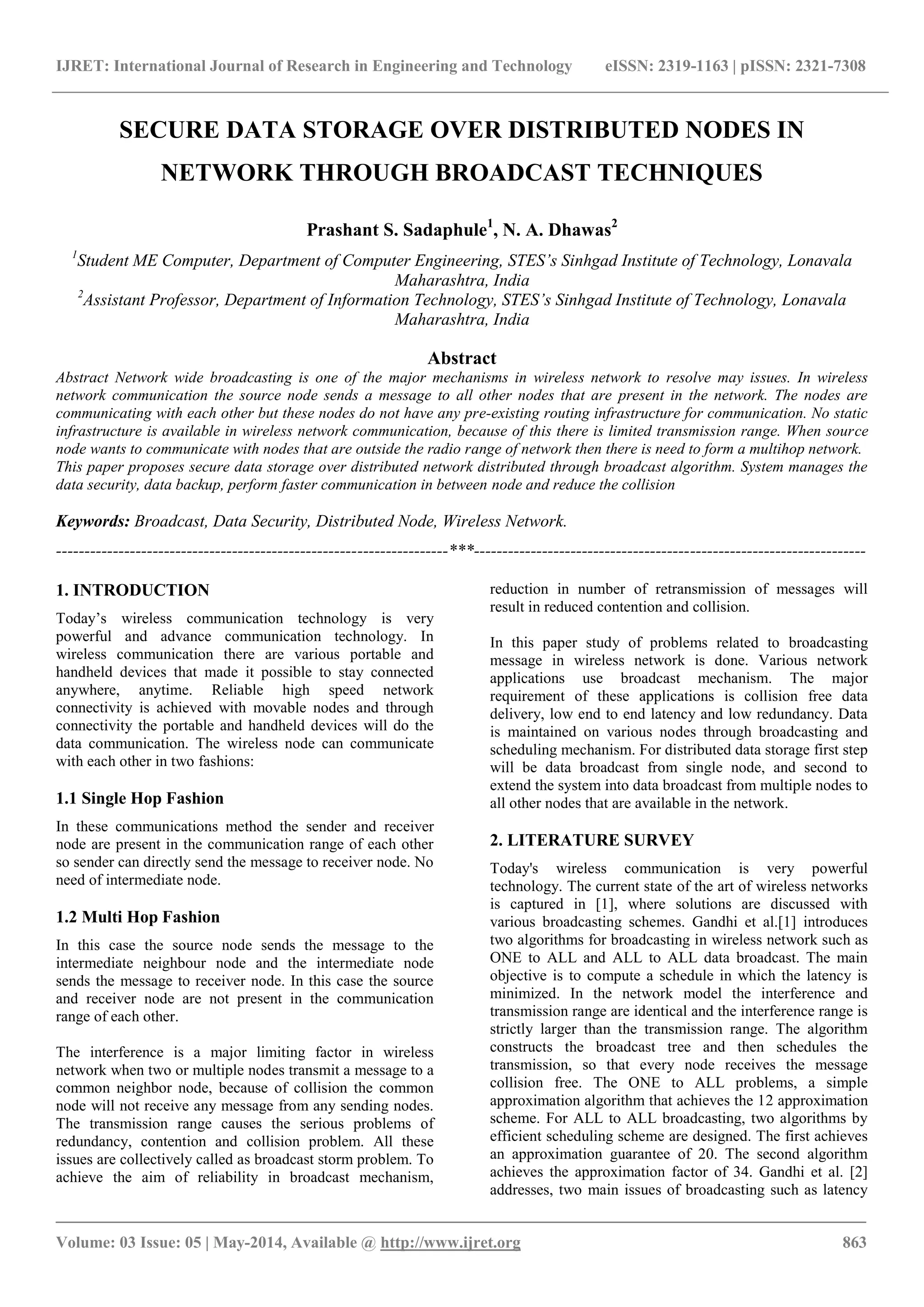 Secure Data Storage Over Distributed Nodes In Network Through Broadcast Techniques Pdf 7146