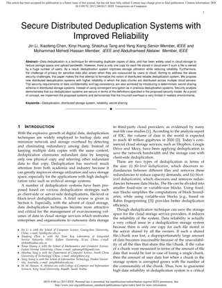 Secure Distributed Deduplication Systems with Improved Reliability | PDF
