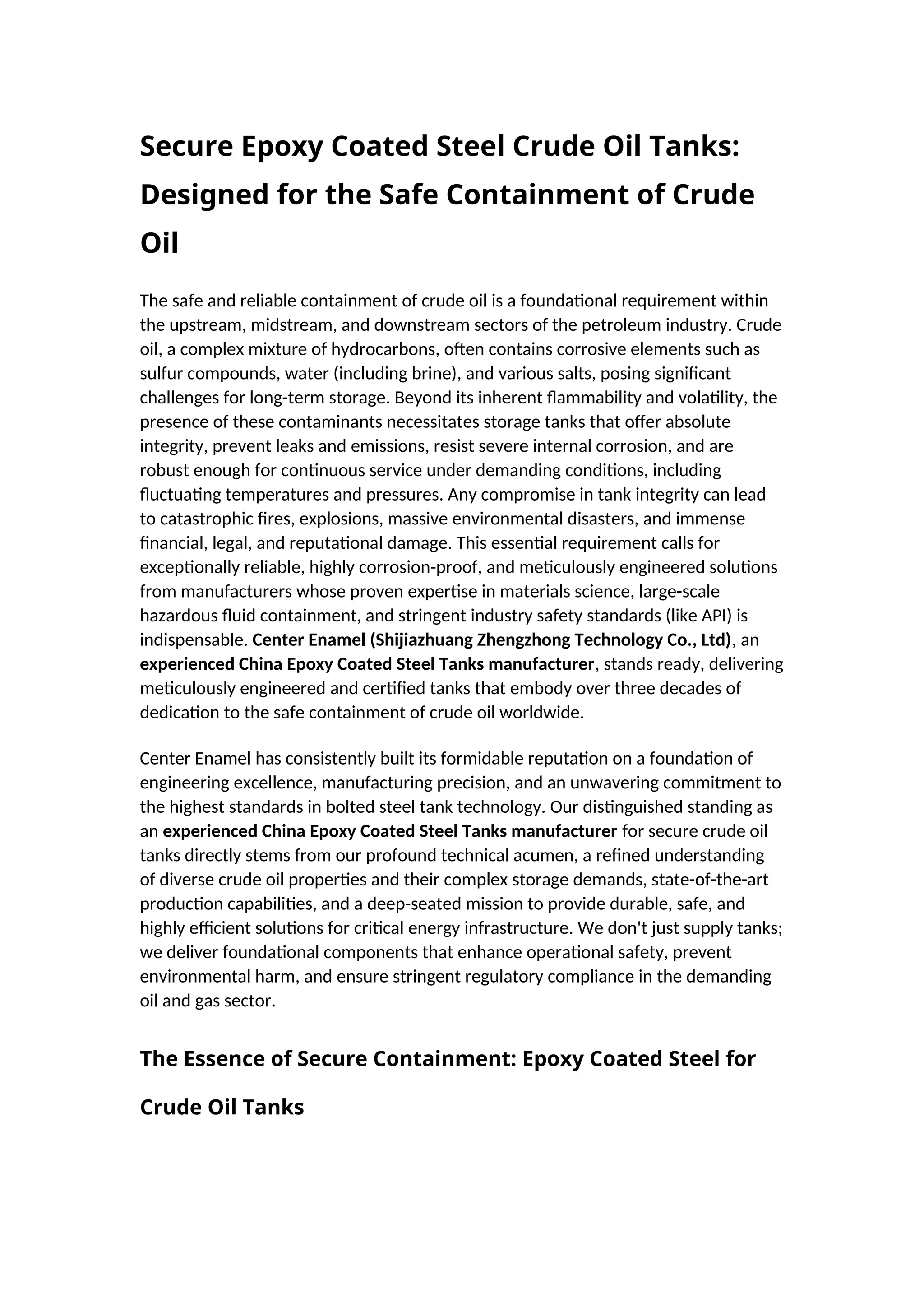 Secure Epoxy Coated Steel Crude Oil Tanks Designed for the Safe ...