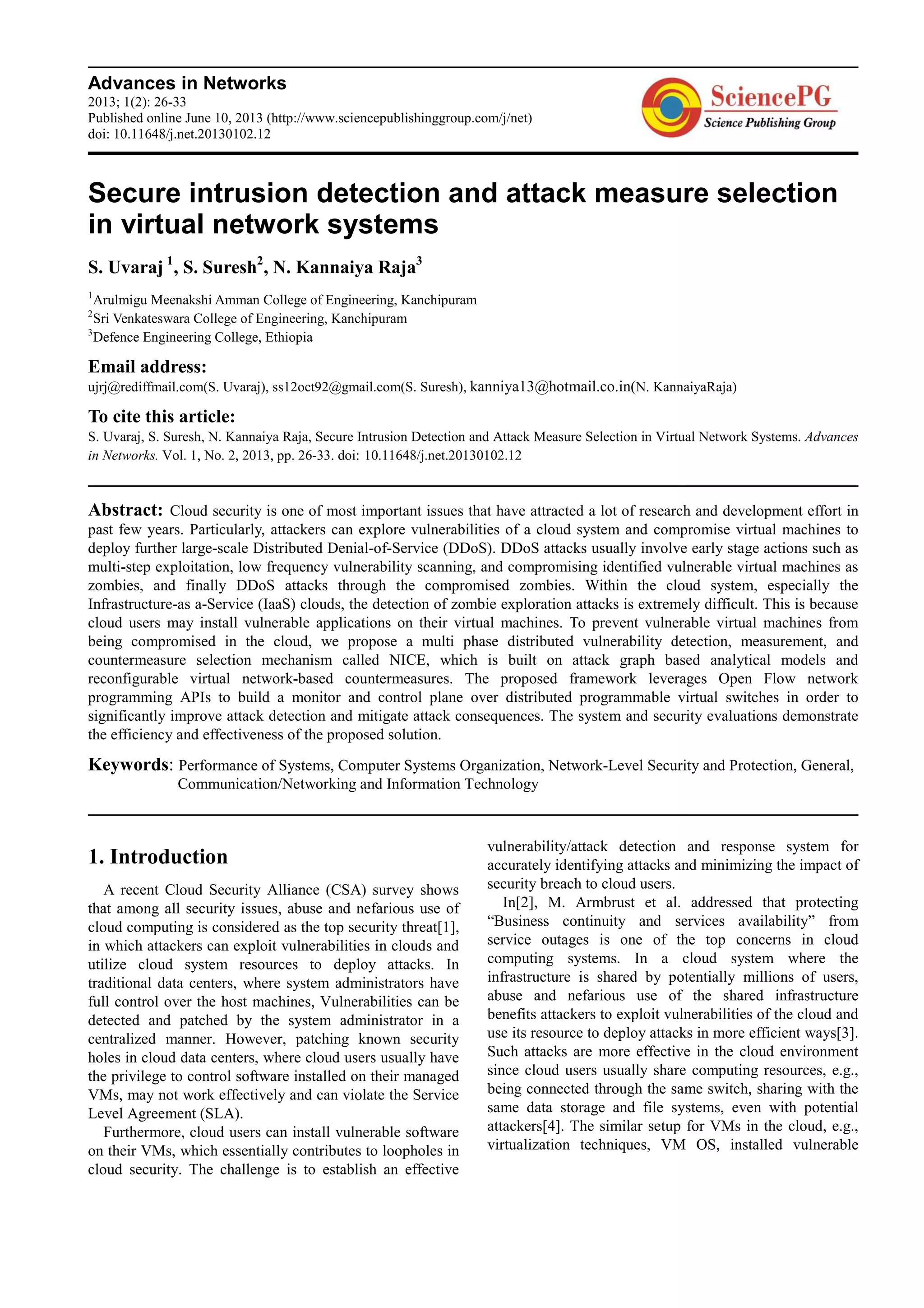 Secure Intrusion Detection And Attack Measure Selection In Virtual Network Systems Pdf