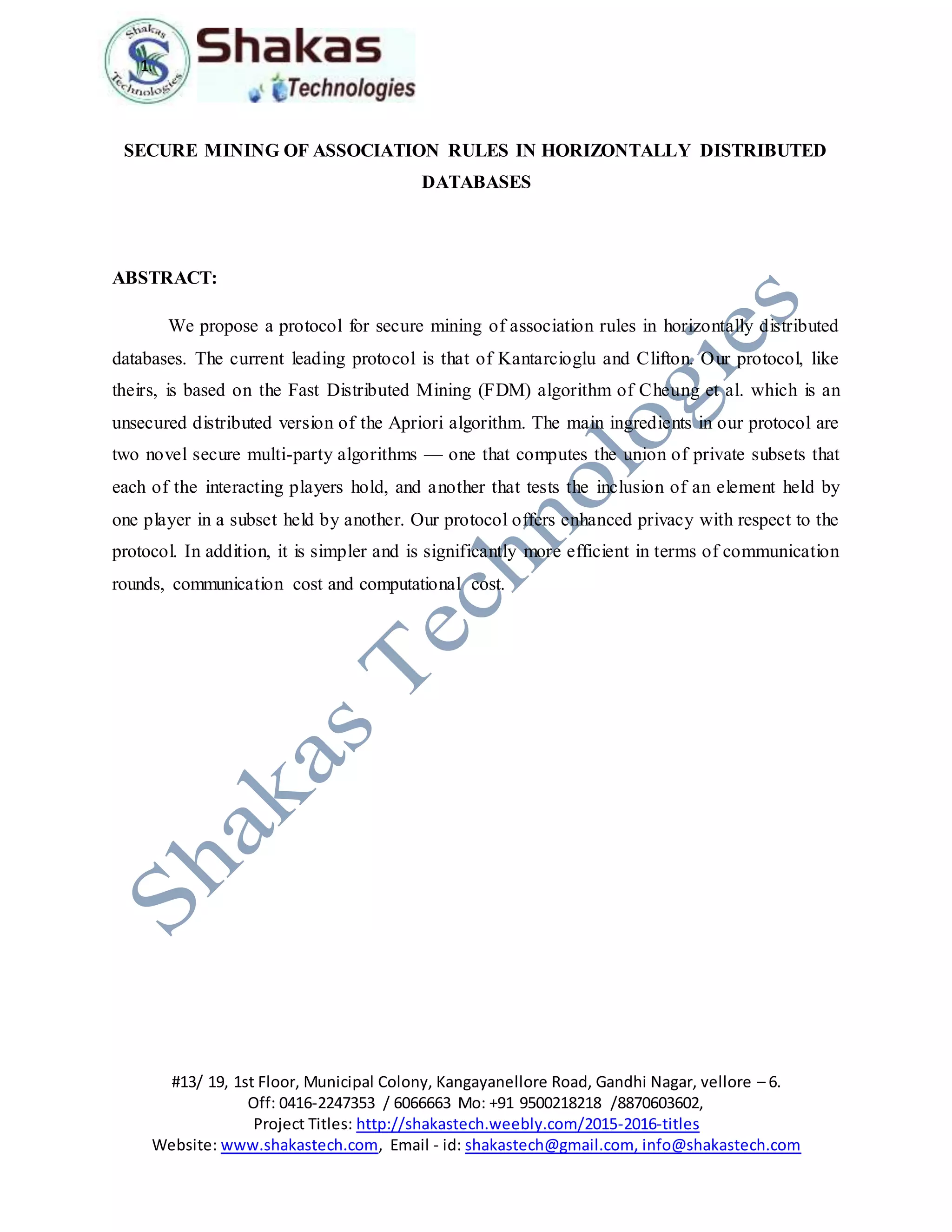 Secure Mining Of Association Rules In Horizontally Distributed