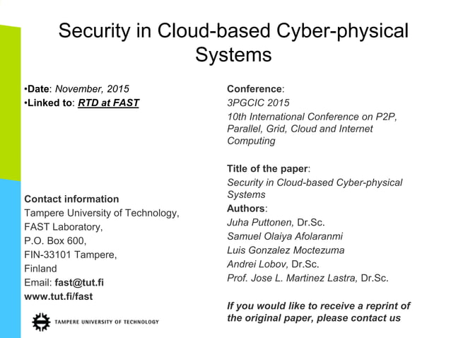 Security in Cloud-based Cyber-physical Systems | PPT