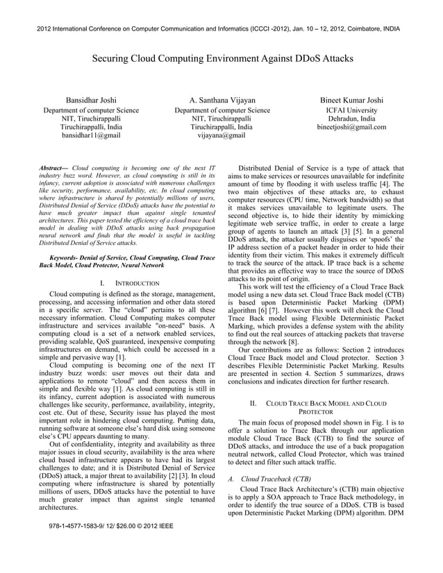 Securing cloud computing environment against d do s attacks | PDF