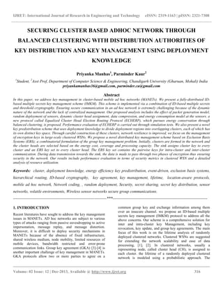 Securing cluster based adhoc network through balanced clustering with distribution authorities ...
