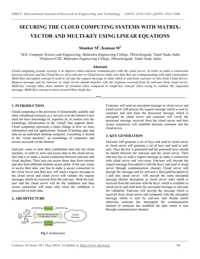 Securing The Cloud Computing Systems With Matrix Vector And Multi Key Using Linear Equations Pdf