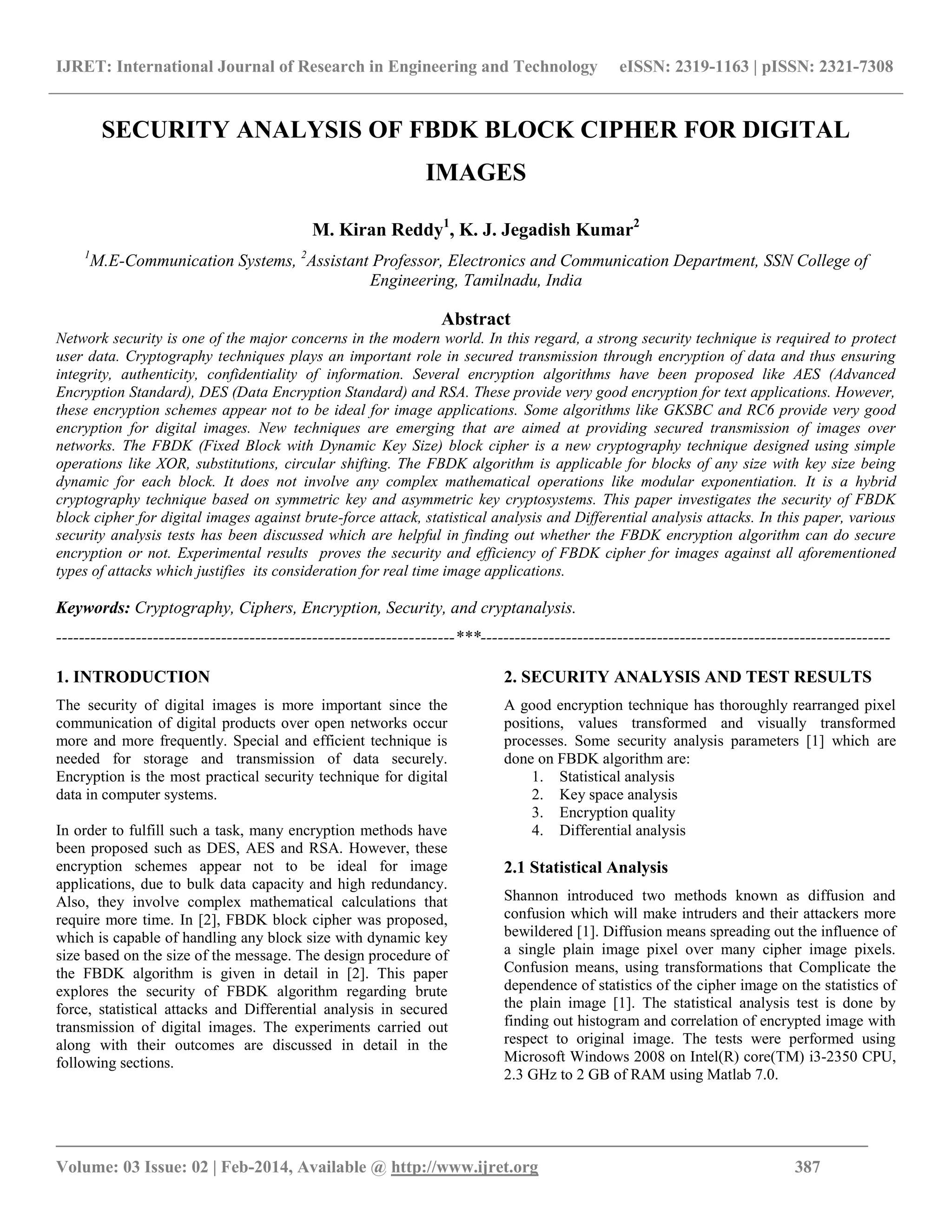 Security Analysis Of Fbdk Block Cipher For Digital Images Pdf