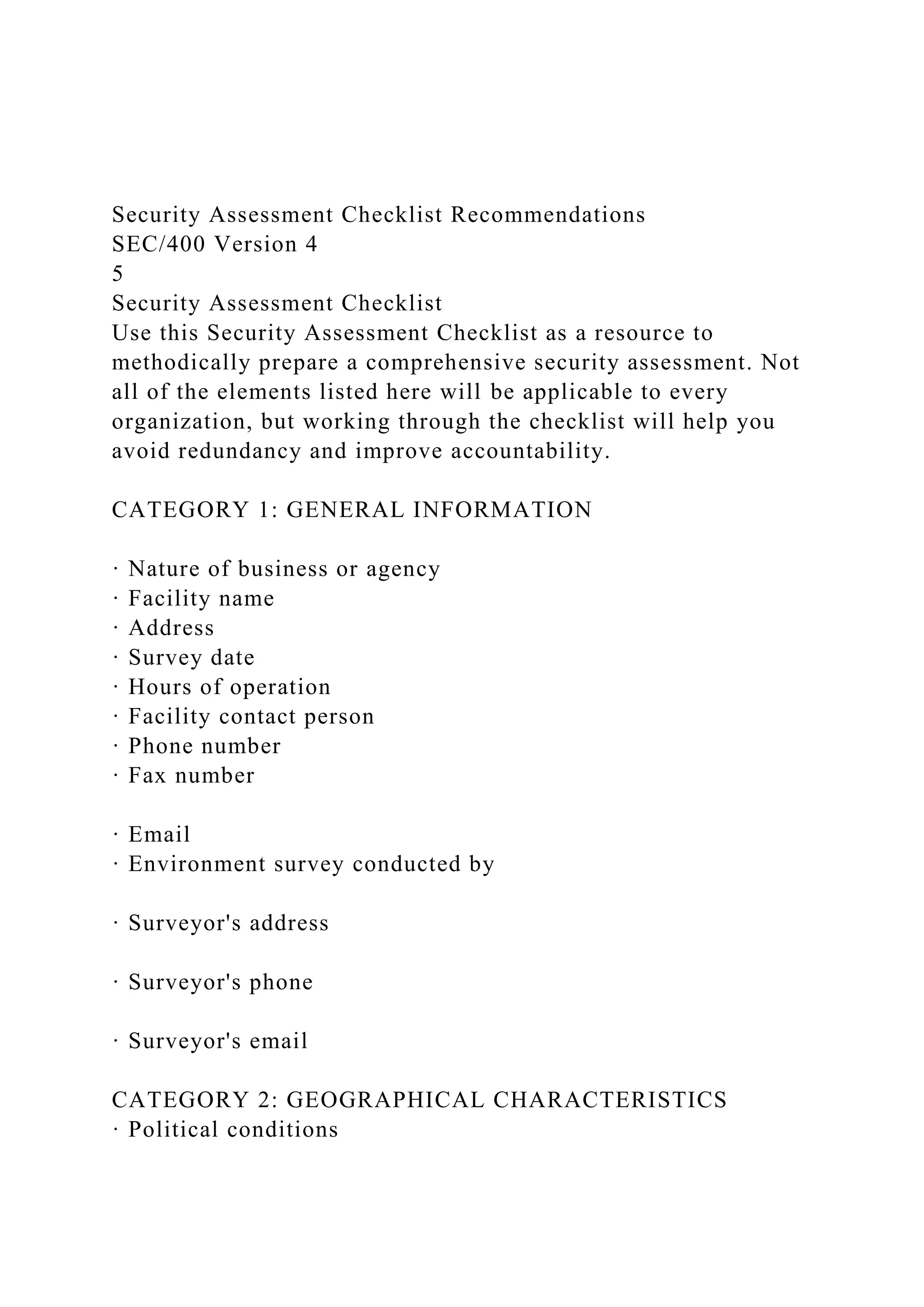 Security Assessment Checklist RecommendationsSEC400 Version 4.docx