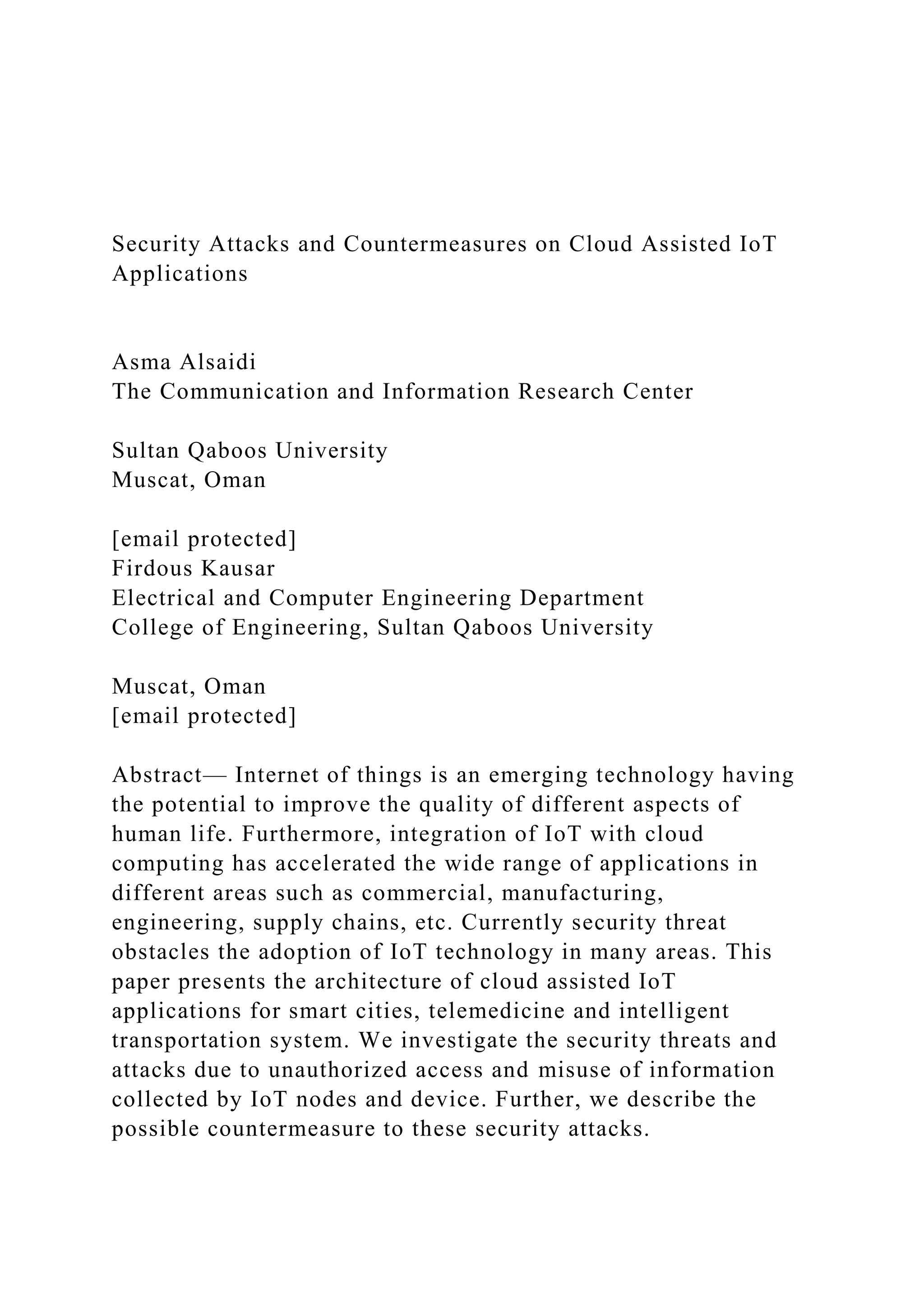 Security Attacks and Countermeasures on Cloud Assisted IoT App.docx