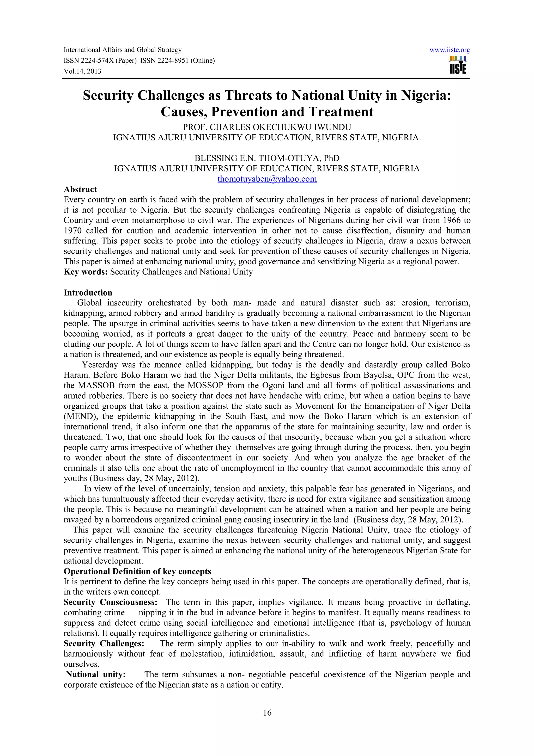 Security challenges as threats to national unity in nigeria | PDF