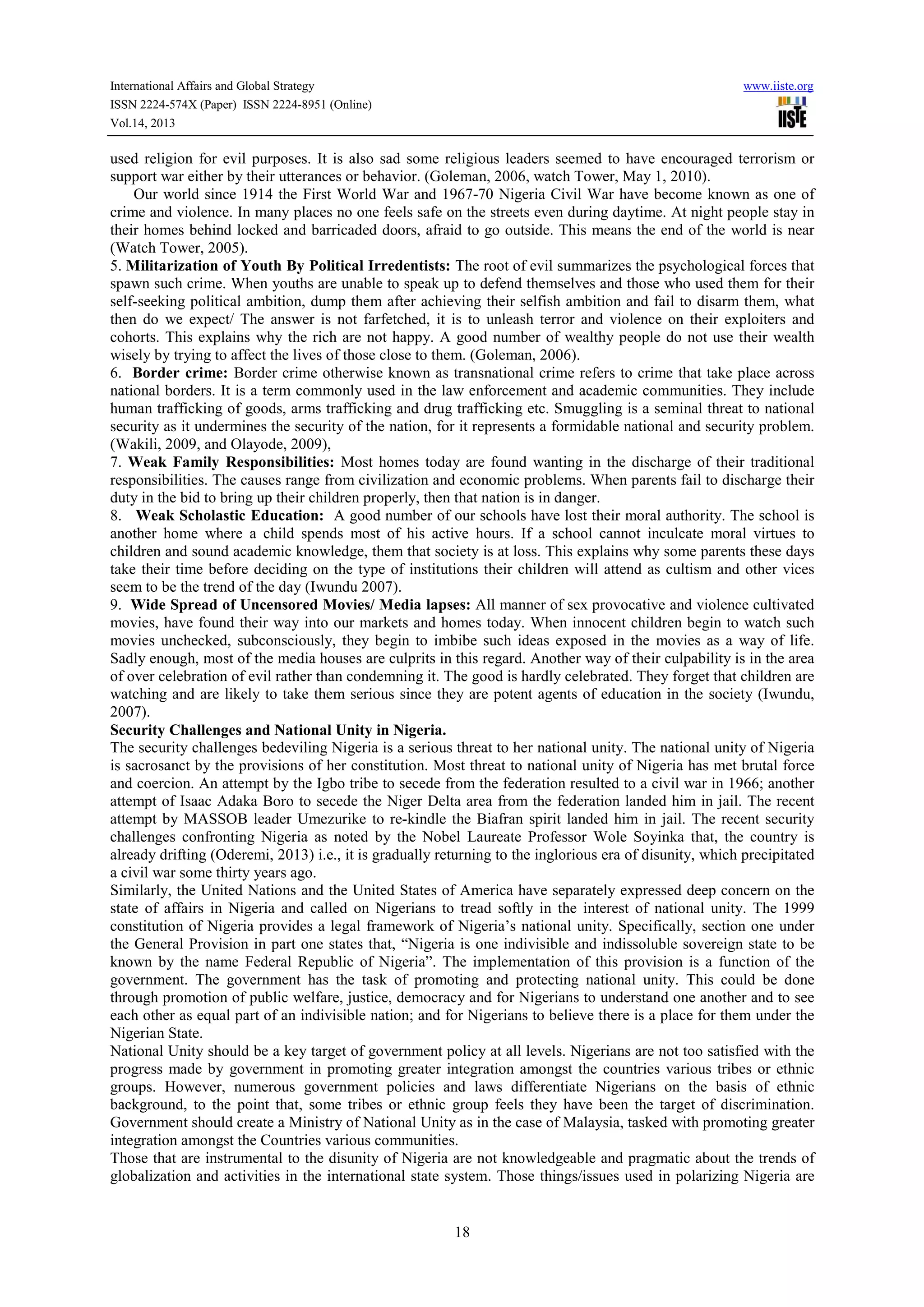 Security challenges as threats to national unity in nigeria | PDF