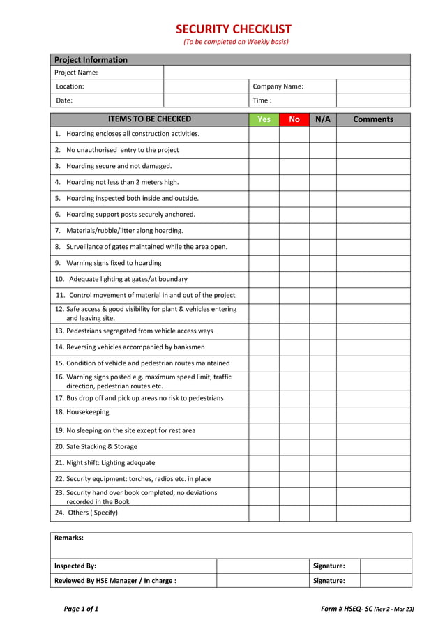 SECURITY CHECKLIST Form # HSEQ - SC Rev 2 -.docx | Home Security | Home ...