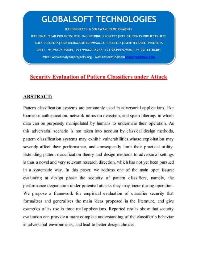 IEEE 2014 JAVA DATA MINING PROJECTS Security evaluation of pattern classifiers under attack | DOCX