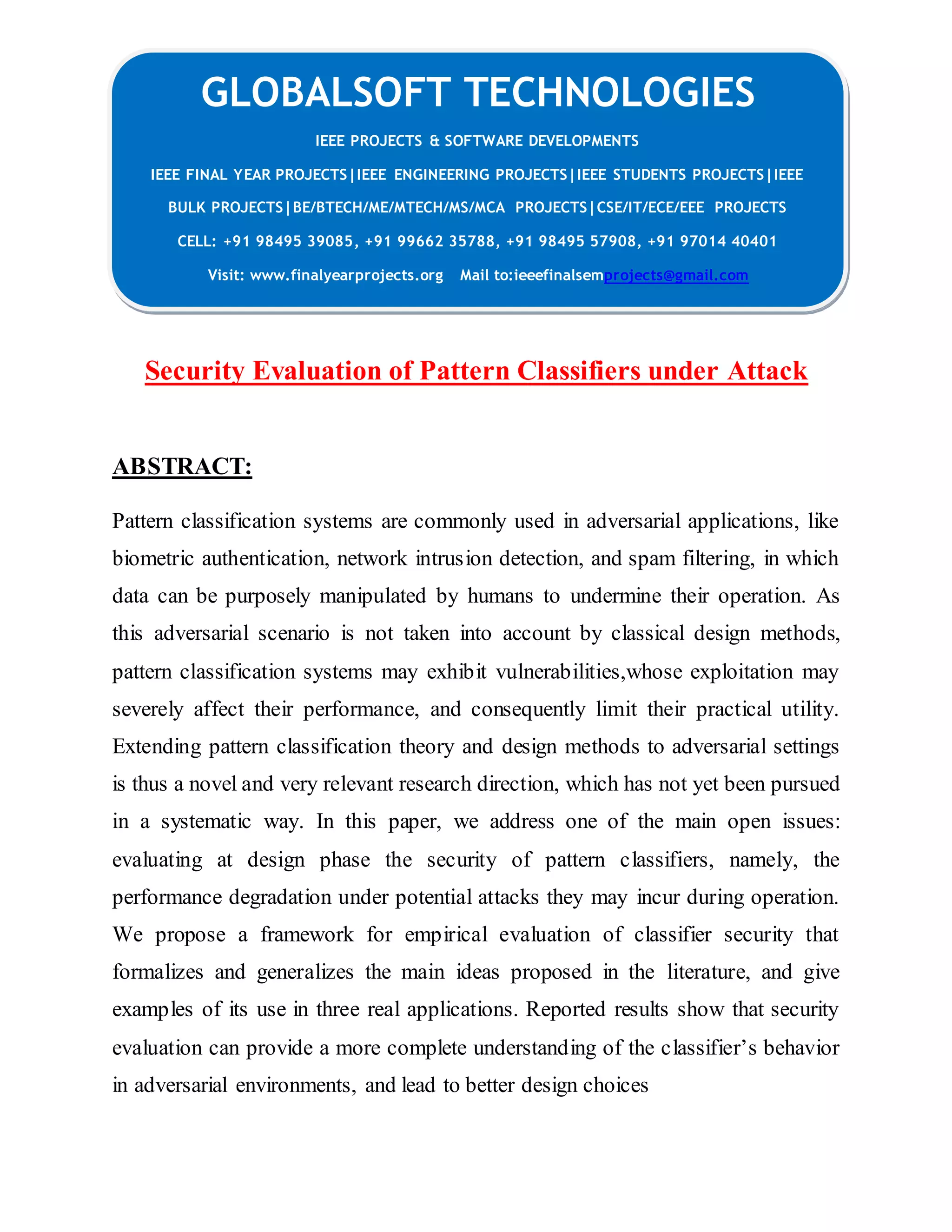 2014 IEEE JAVA DATA MINING PROJECT Security evaluation of pattern classifiers under attack | PDF