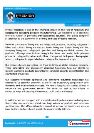 Premier Holotech, Bengaluru, Hologram Wads | PDF