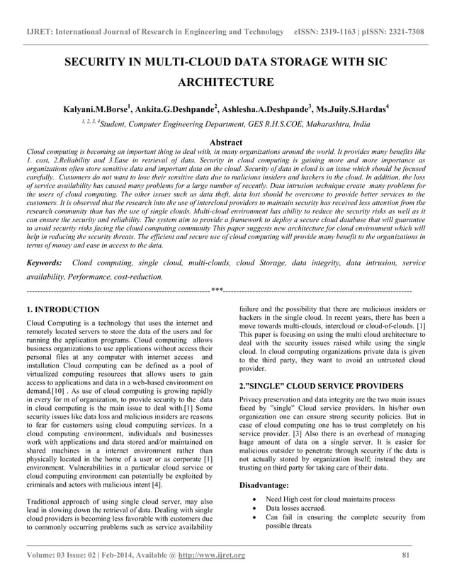 Security In Multi Cloud Data Storage With Sic Architecture Pdf