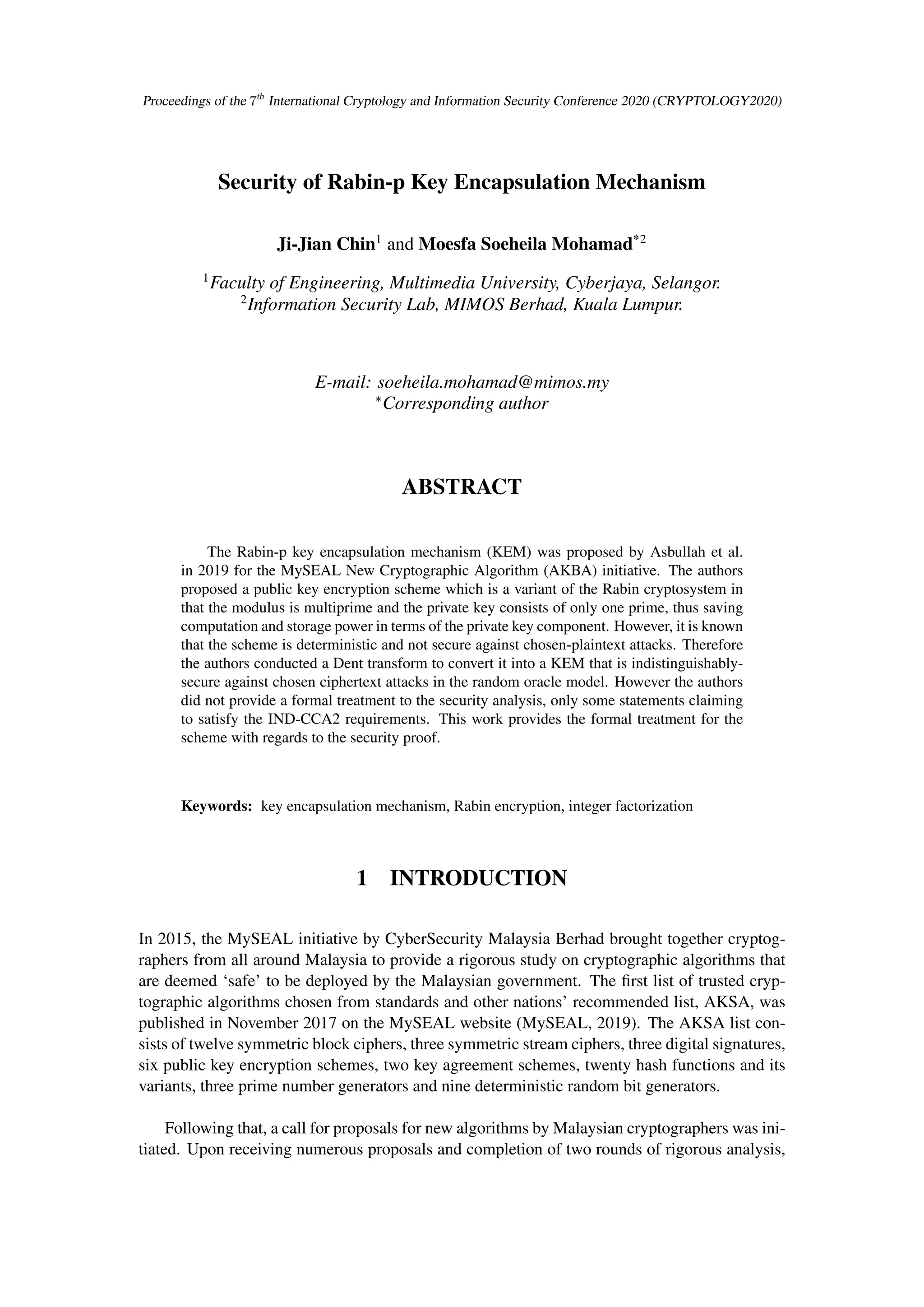 Security of rabin p key encapsulation mechanism | PDF