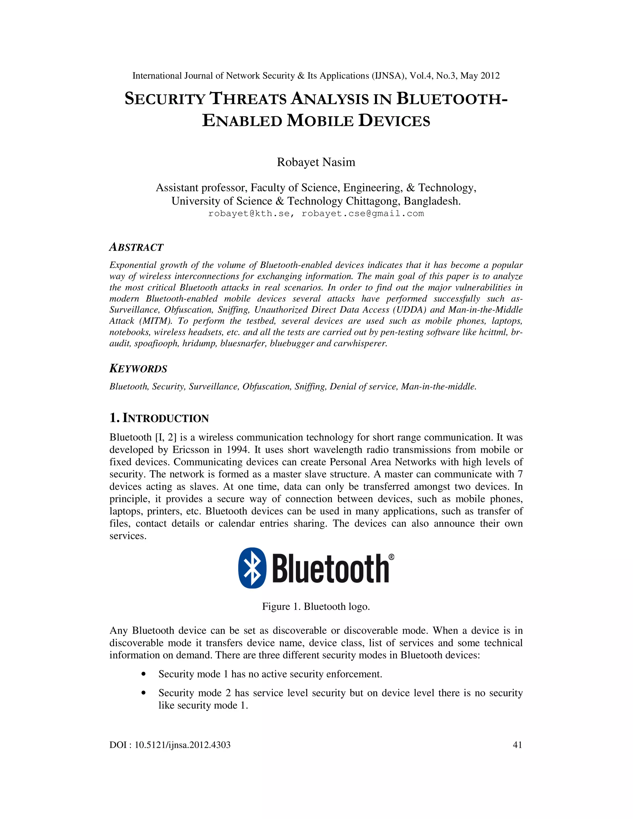 Security Threats Analysis In Bluetooth Enabled Mobile Devices Pdf