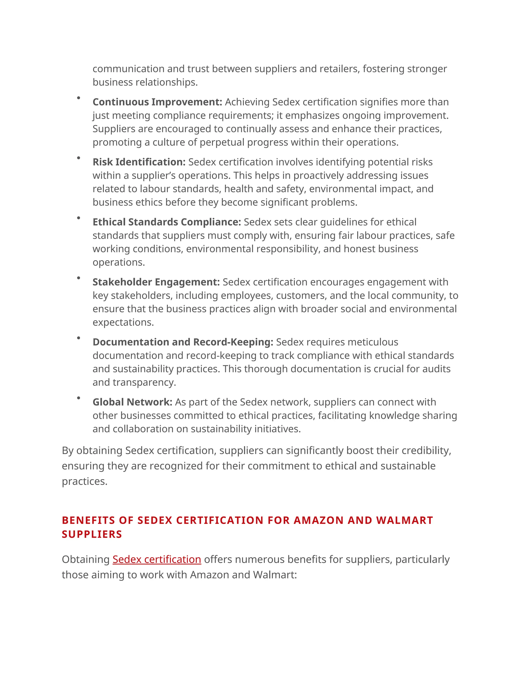 SEDEX CERTIFICATION- ESSENTIAL FOR AMAZON AND WALMART SUPPLIERS | PDF