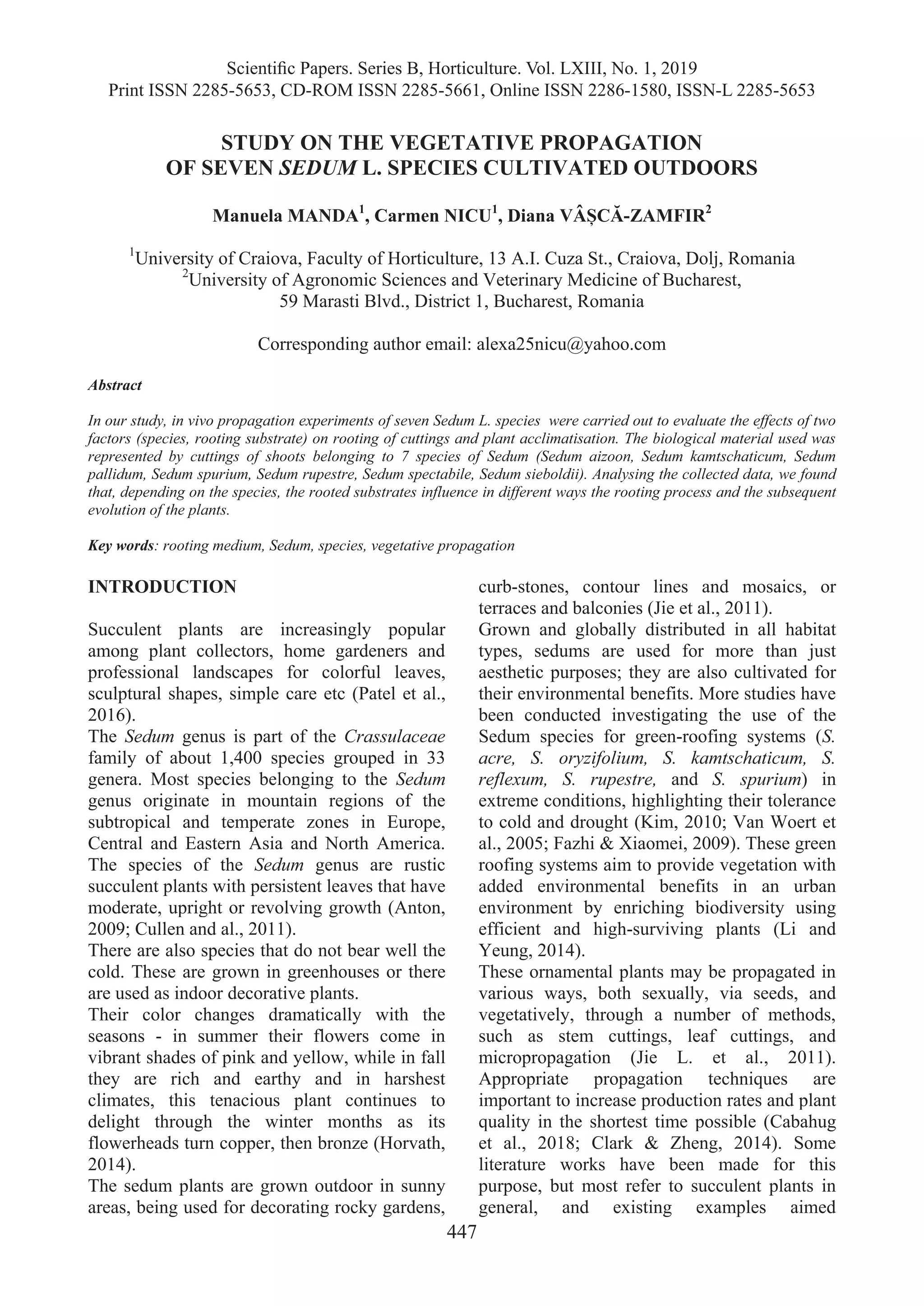 STUDY ON THE VEGETATIVE PROPAGATION OF SEVEN SEDUM L. SPECIES CULTIVATED OUTDOORS | PDF