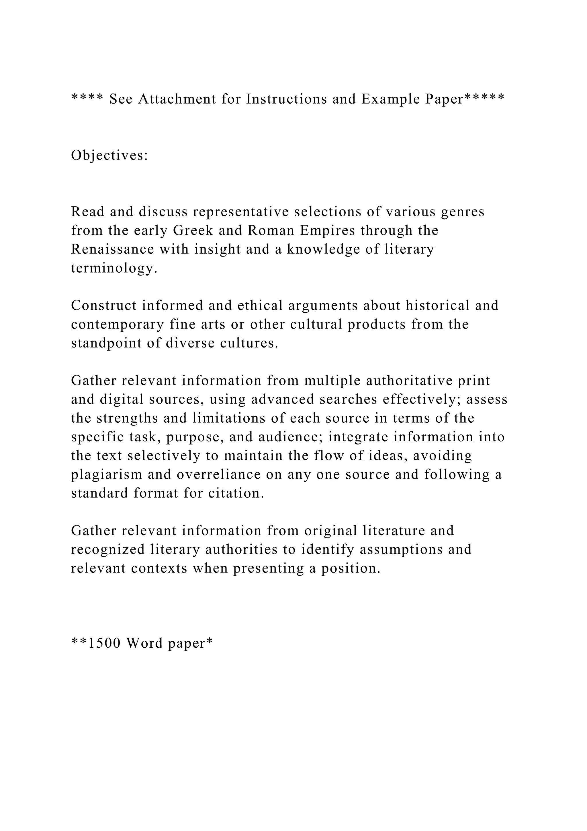 See Attachment for Instructions and Example PaperObj.docx | Books and Literature