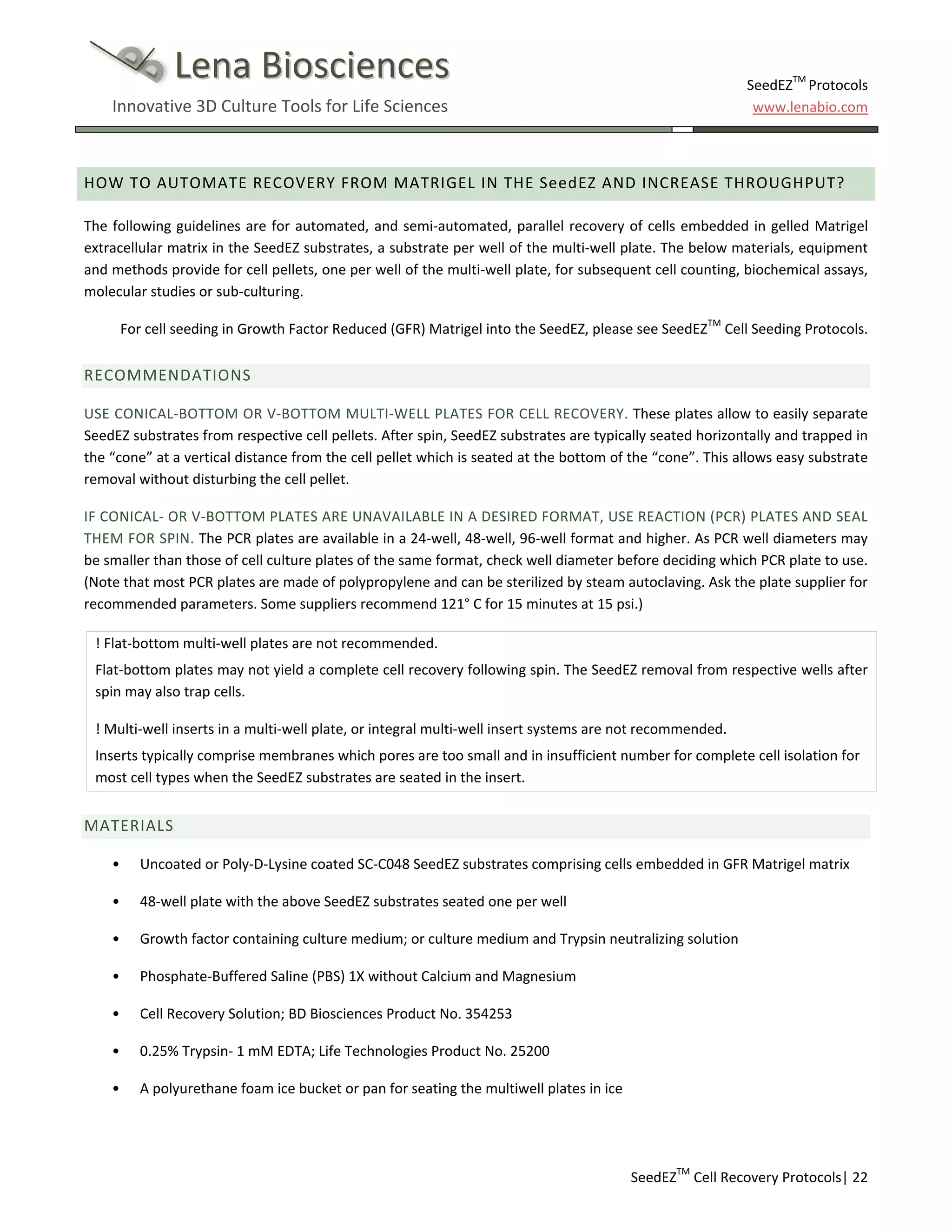 SeedEZ 3D culture methods and protocols - cell isolation techniques | PDF