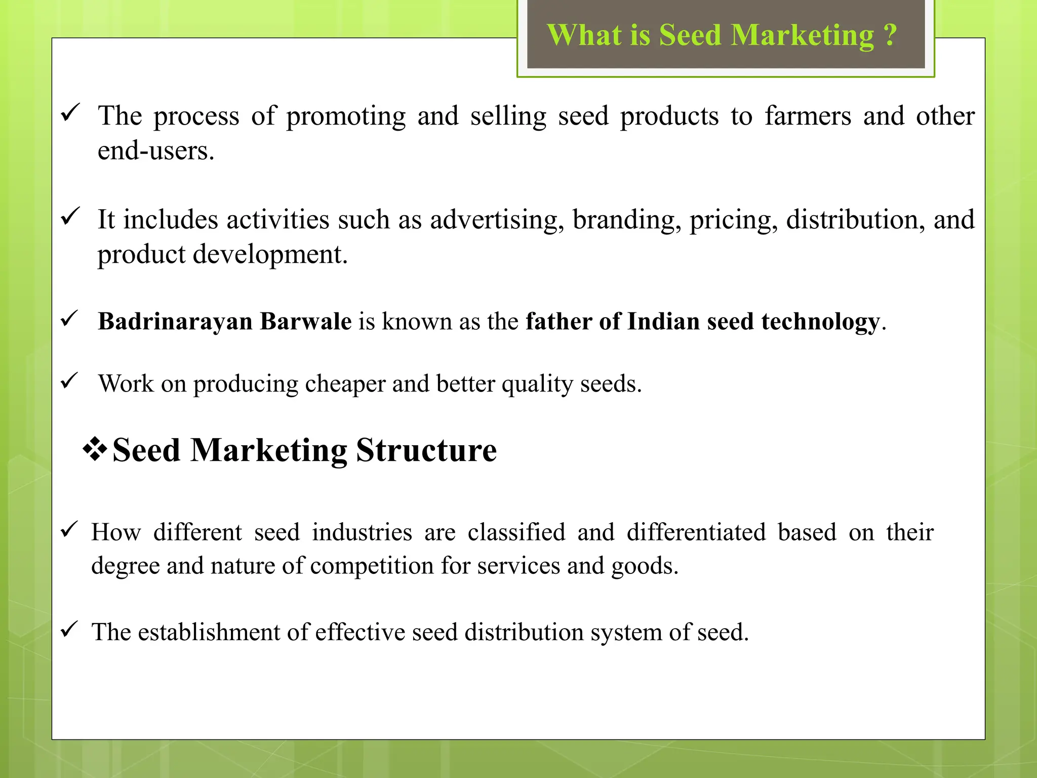 Seed Marketing, structure of essential marketing cell and major ...