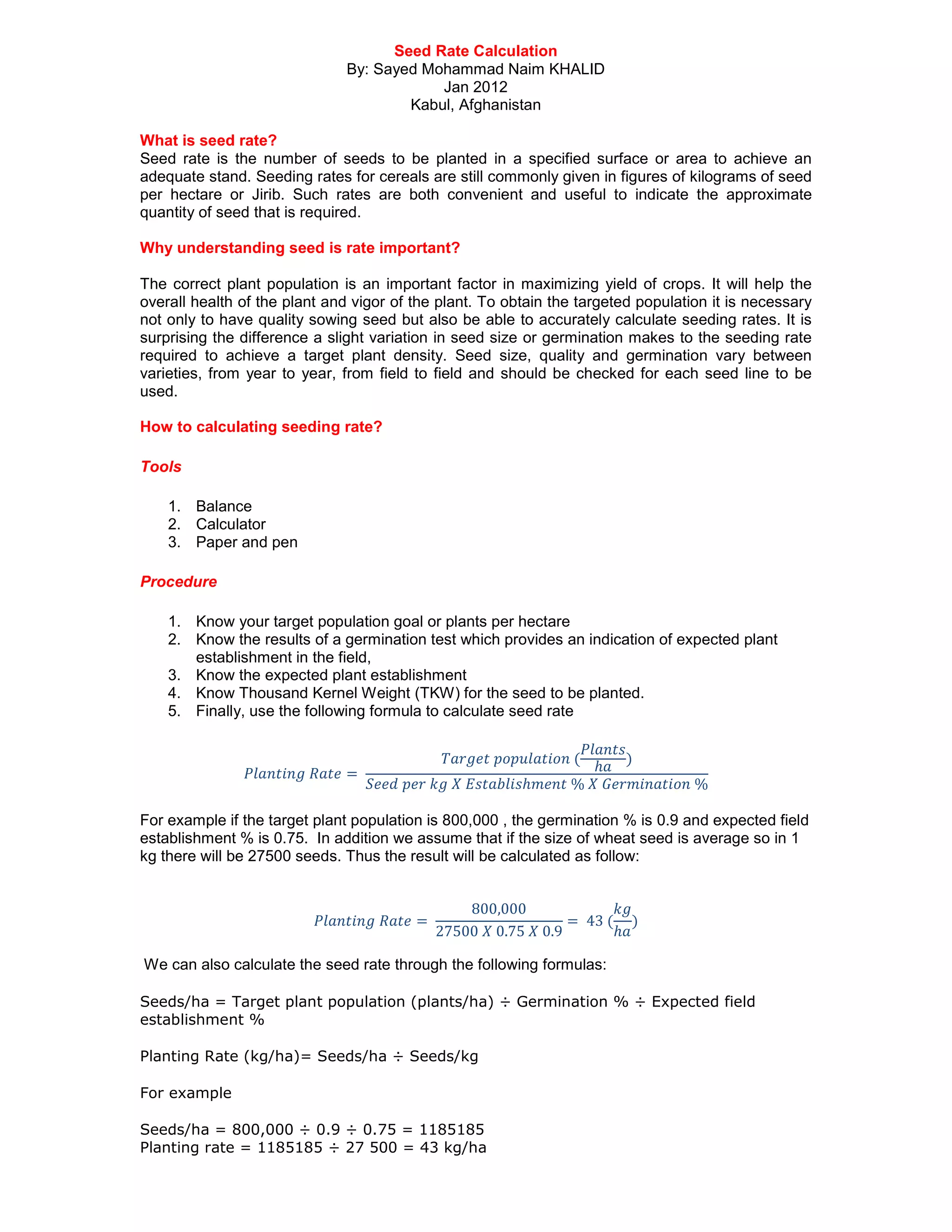 Seed rate calculation | PDF