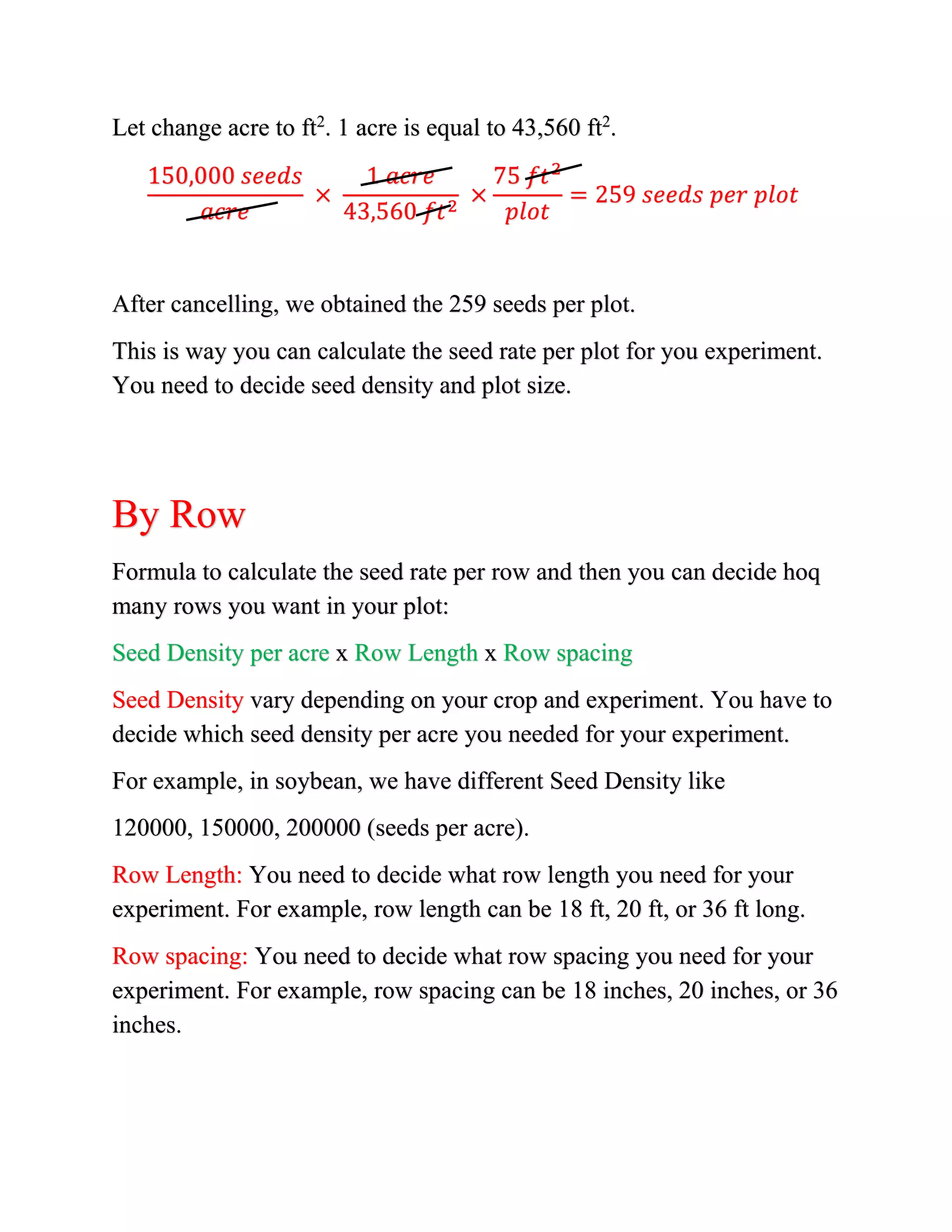 Seed rate calculation for experiment | PDF