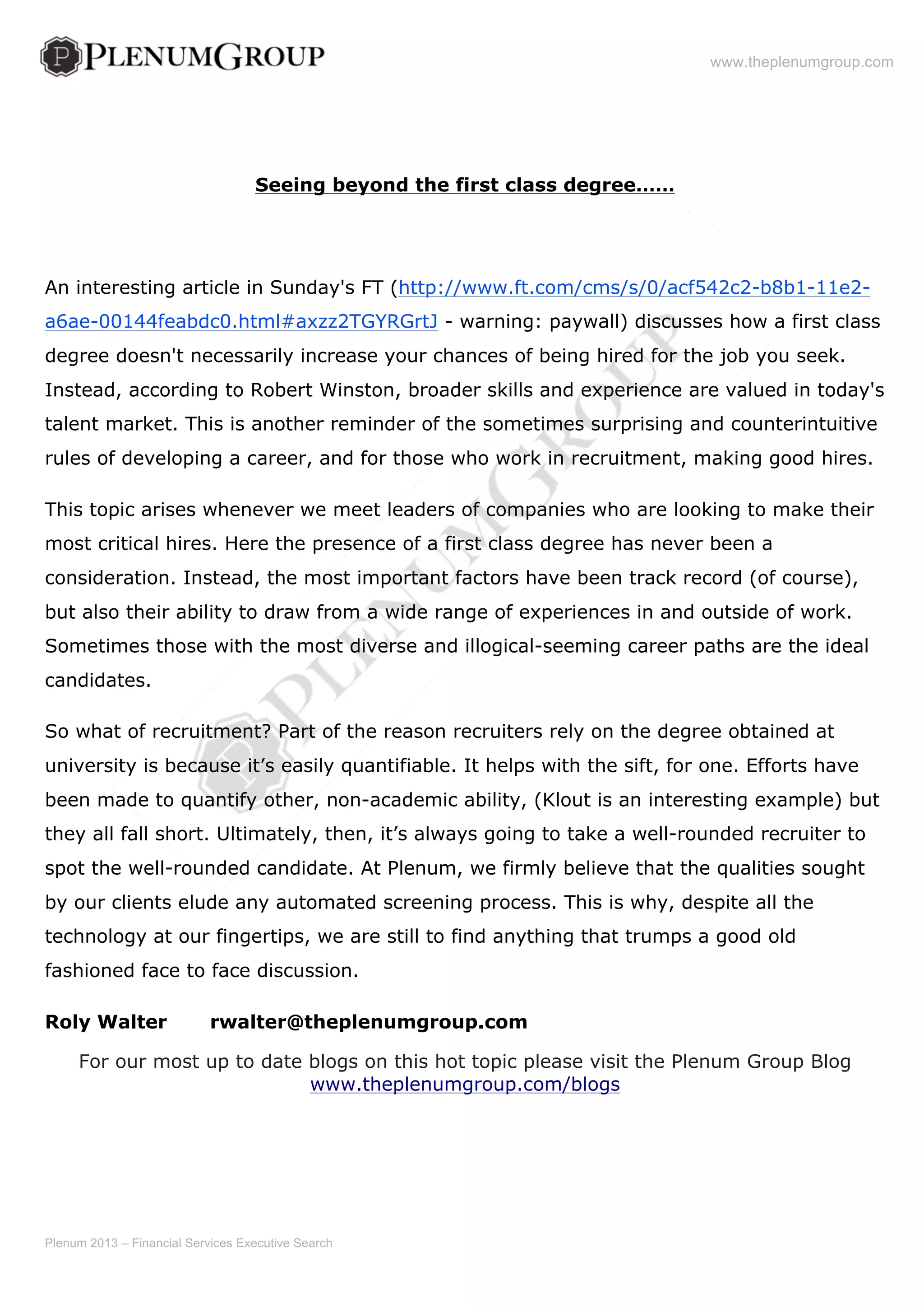 Seeing beyond the first class degree plenum group | PDF | Job Search ...