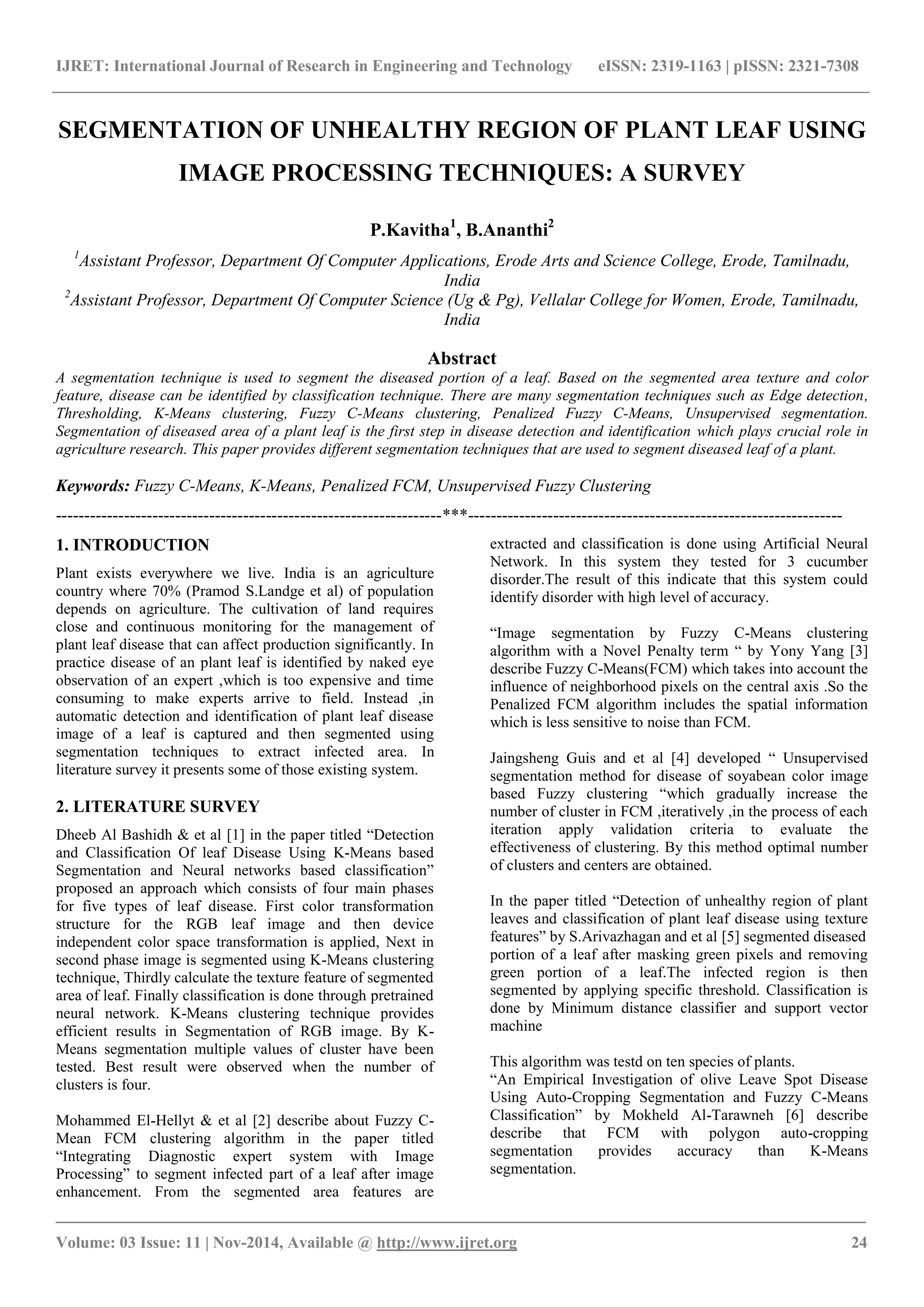 Segmentation of unhealthy region of plant leaf using image processing ...