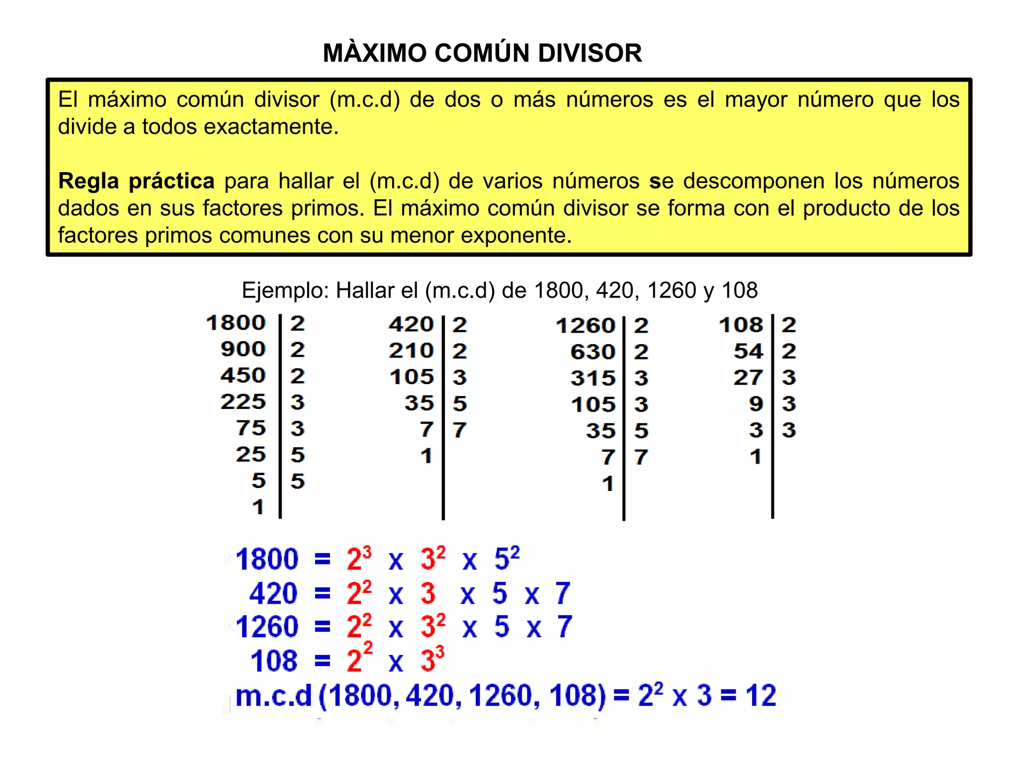 Máximo Común Divisor/Mínimo Común Múltiplo/Operaciones con fracciones ...