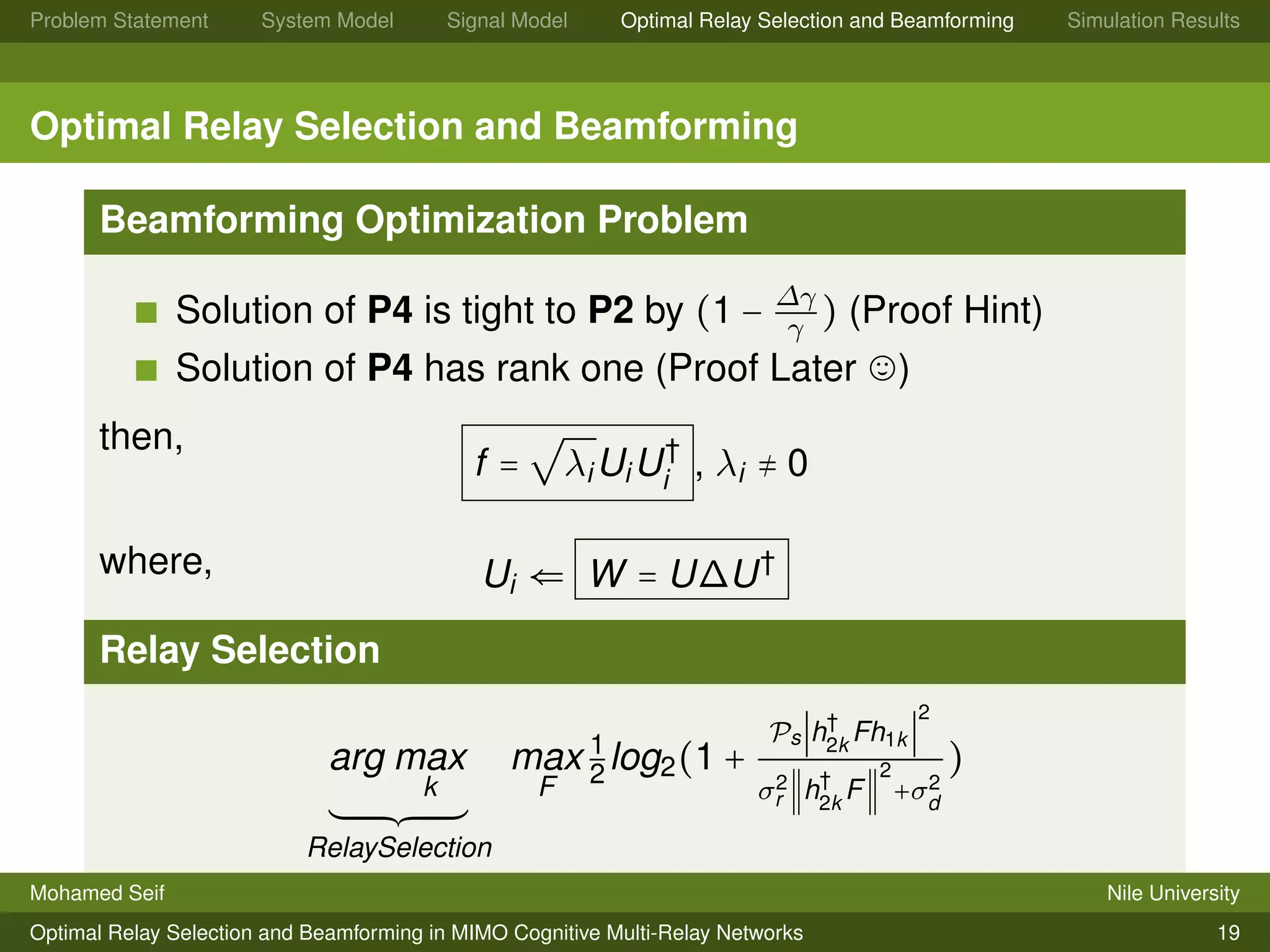 Optimal Relay Selection And Beamforming In Mimo Cognitive Multi Relay Networks Ppt