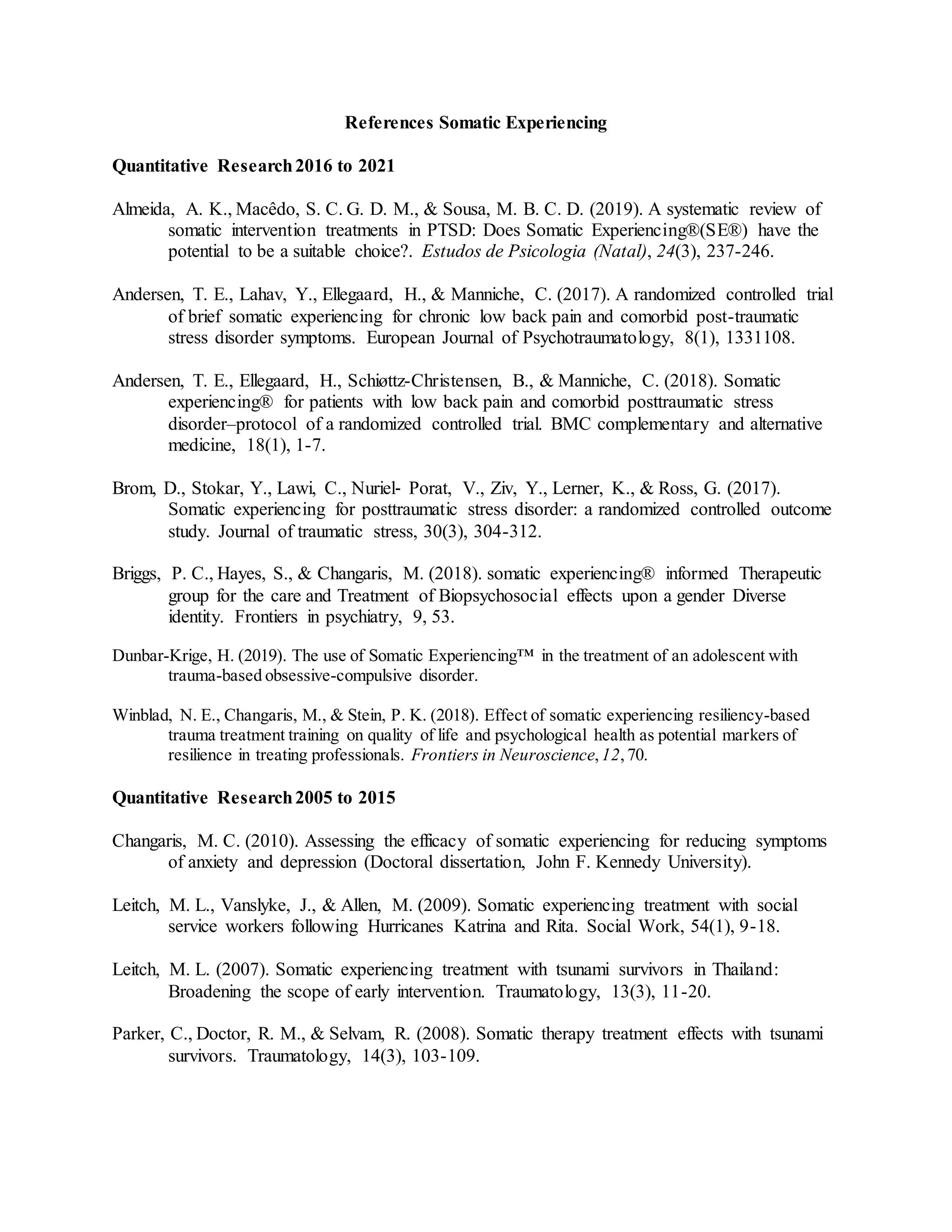 Somatic Experiencing - Academic and Research References | DOCX