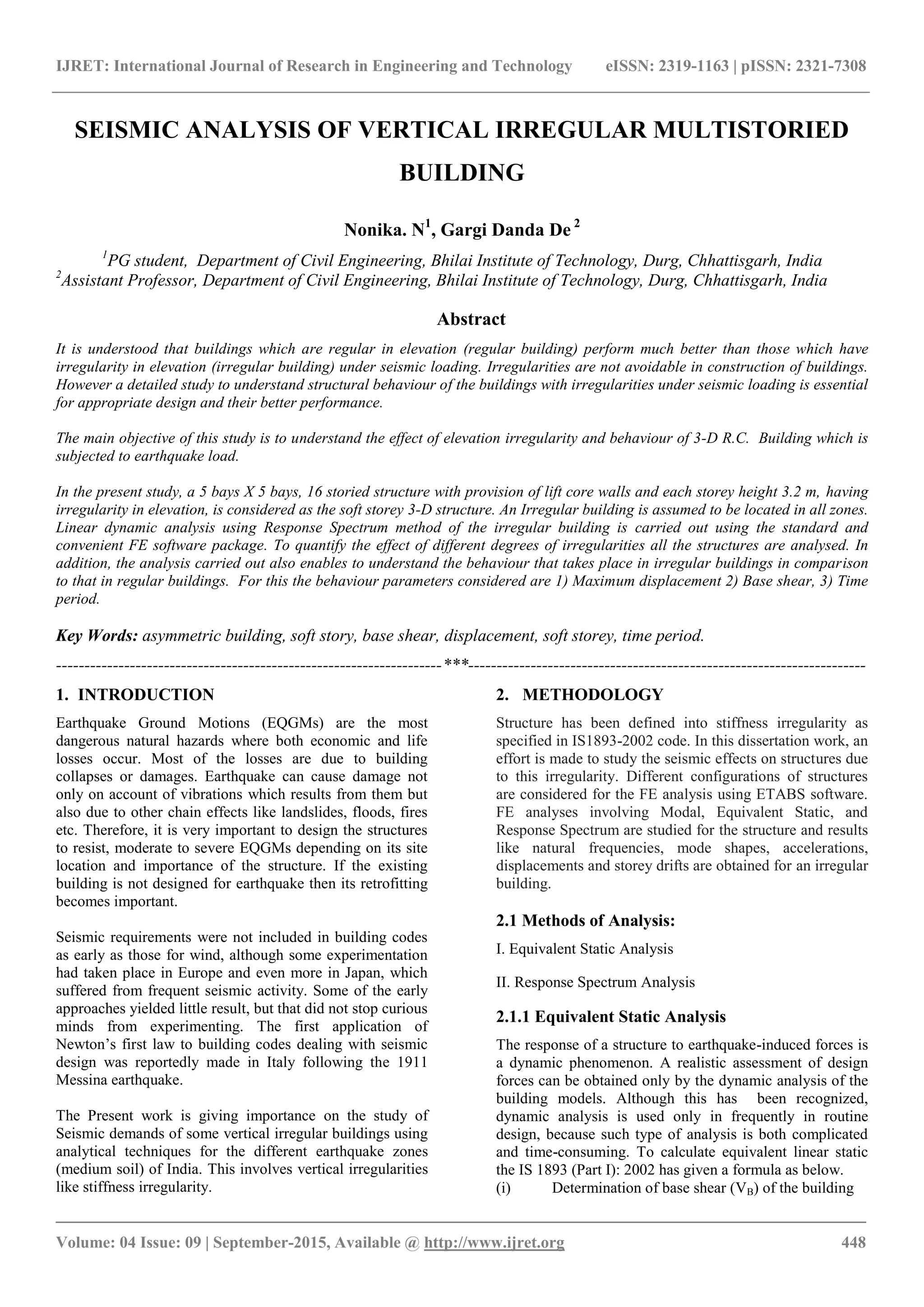 Seismic analysis of vertical irregular multistoried building | PDF
