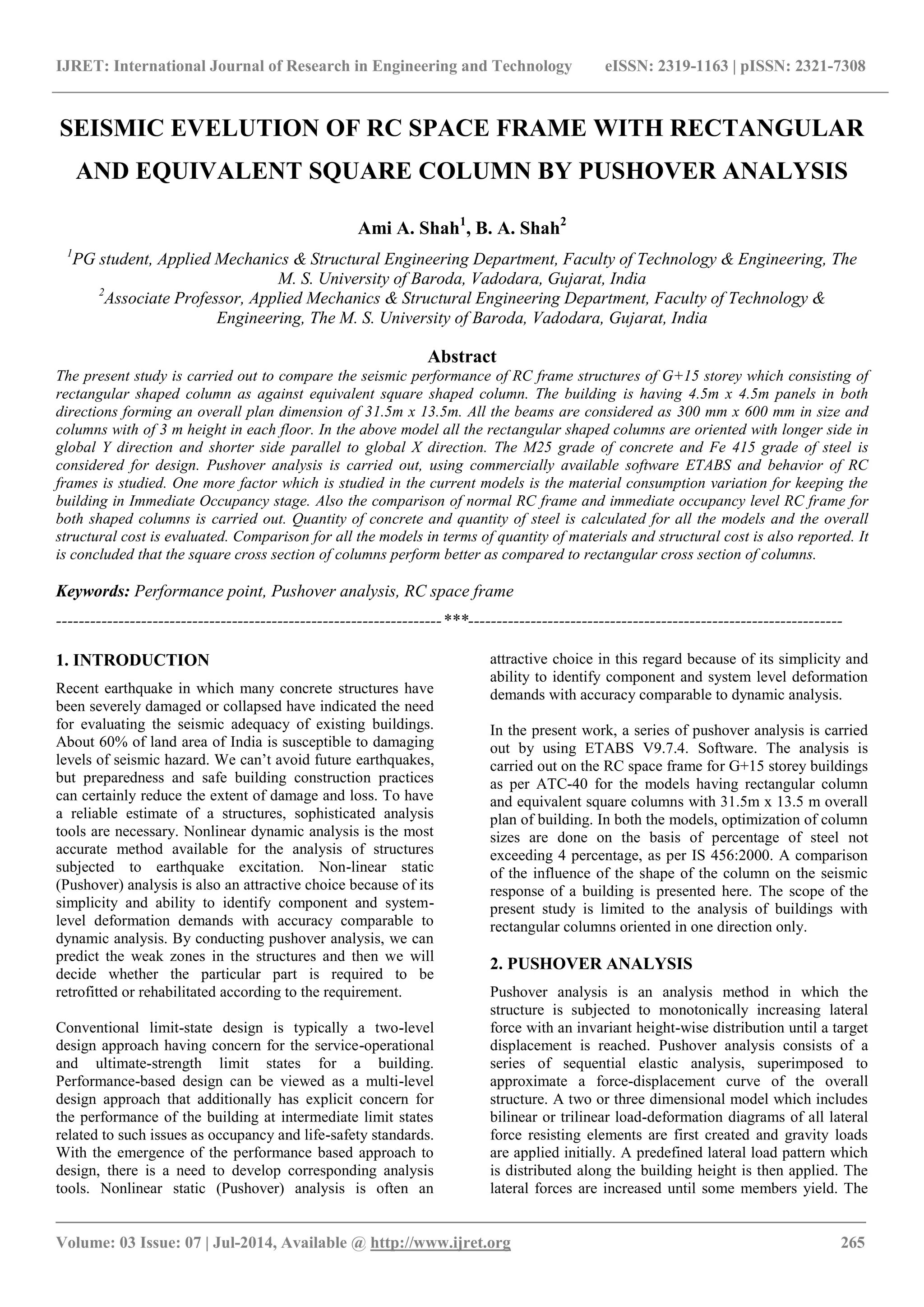Seismic evelution of rc space frame with rectangular and equivalent ...