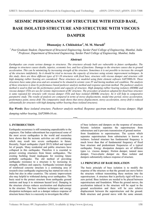 Seismic Performance Of Structure With Fixed Base Base Isolated Structure And Structure With
