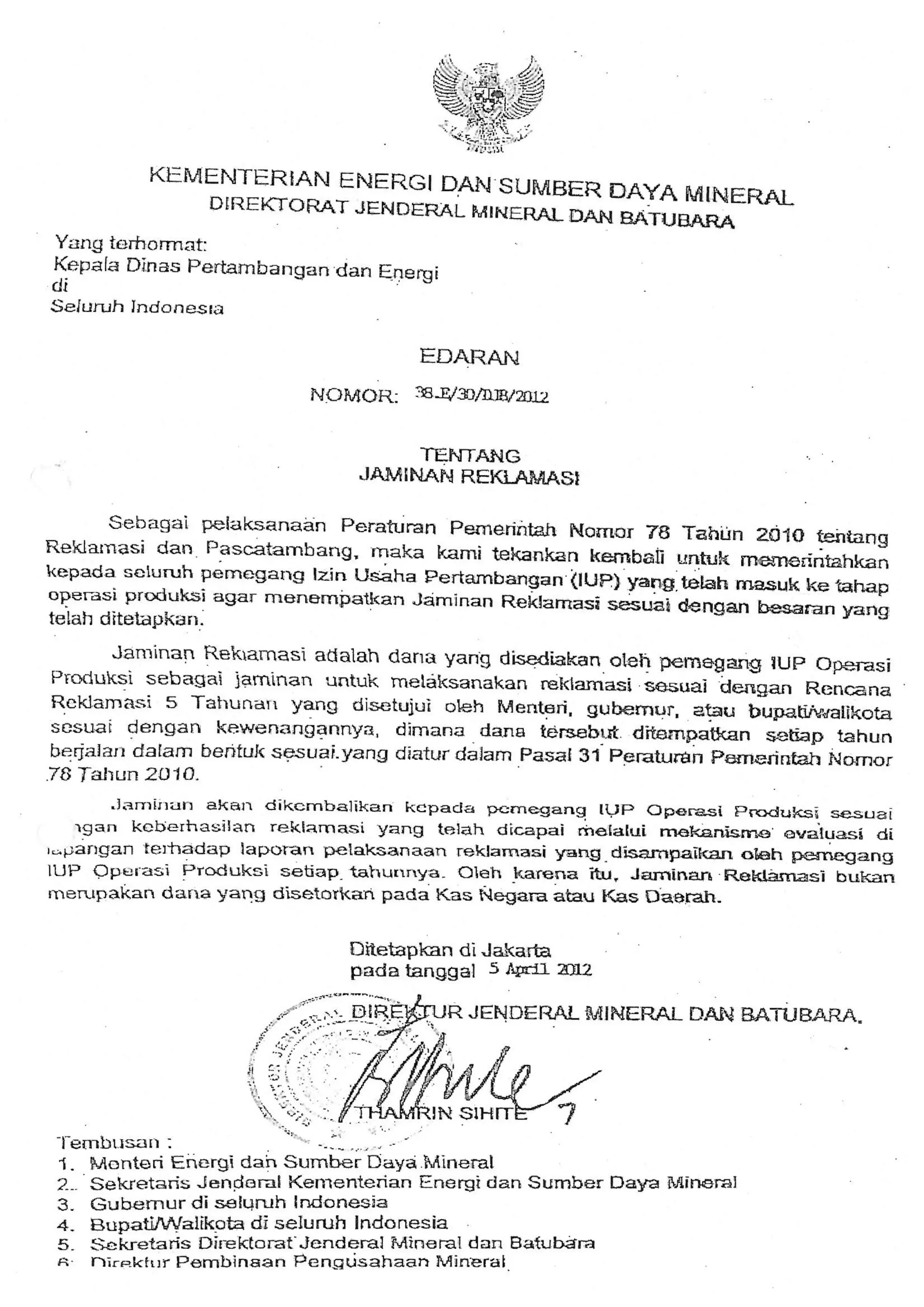 Surat Edaran Jaminan Reklamasi | PDF