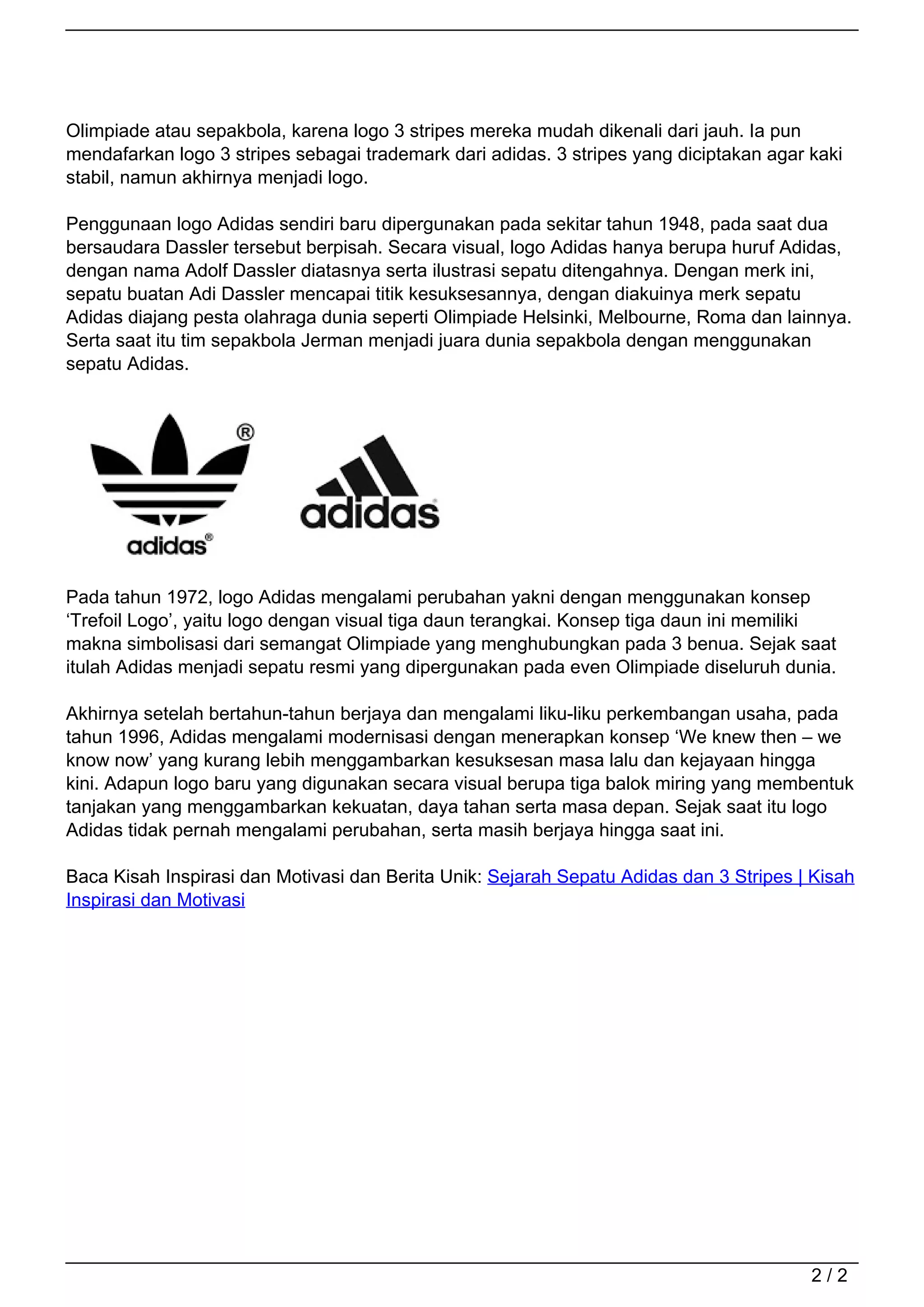 Sejarah Sepatu Adidas dan 3 Stripes | Kisah Inspirasi dan Motivasi | PDF
