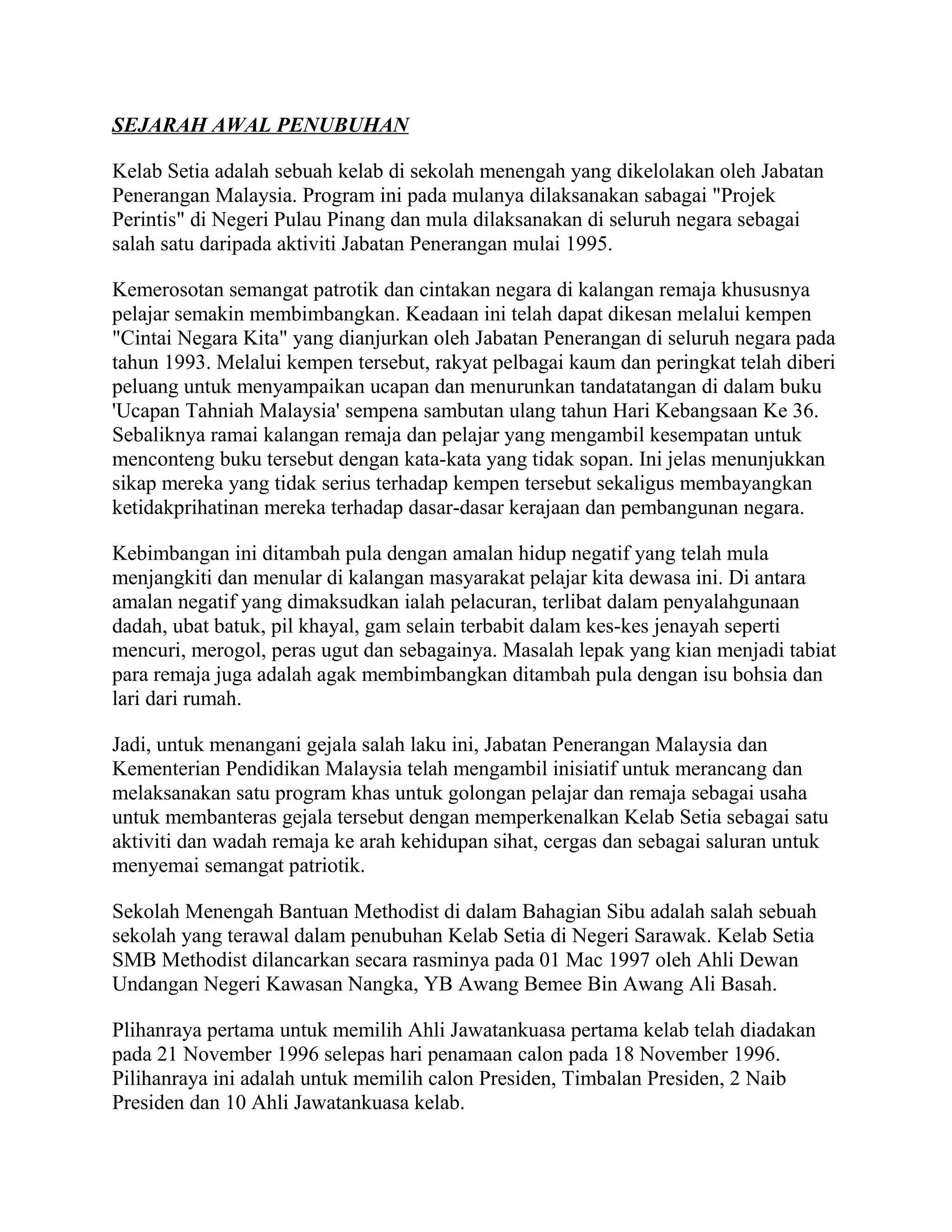 Sejarah awal penubuhan kelab setia | DOC