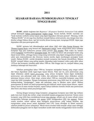 Sejarah bahasa pemrograman tingkat tinggi basic | DOCX