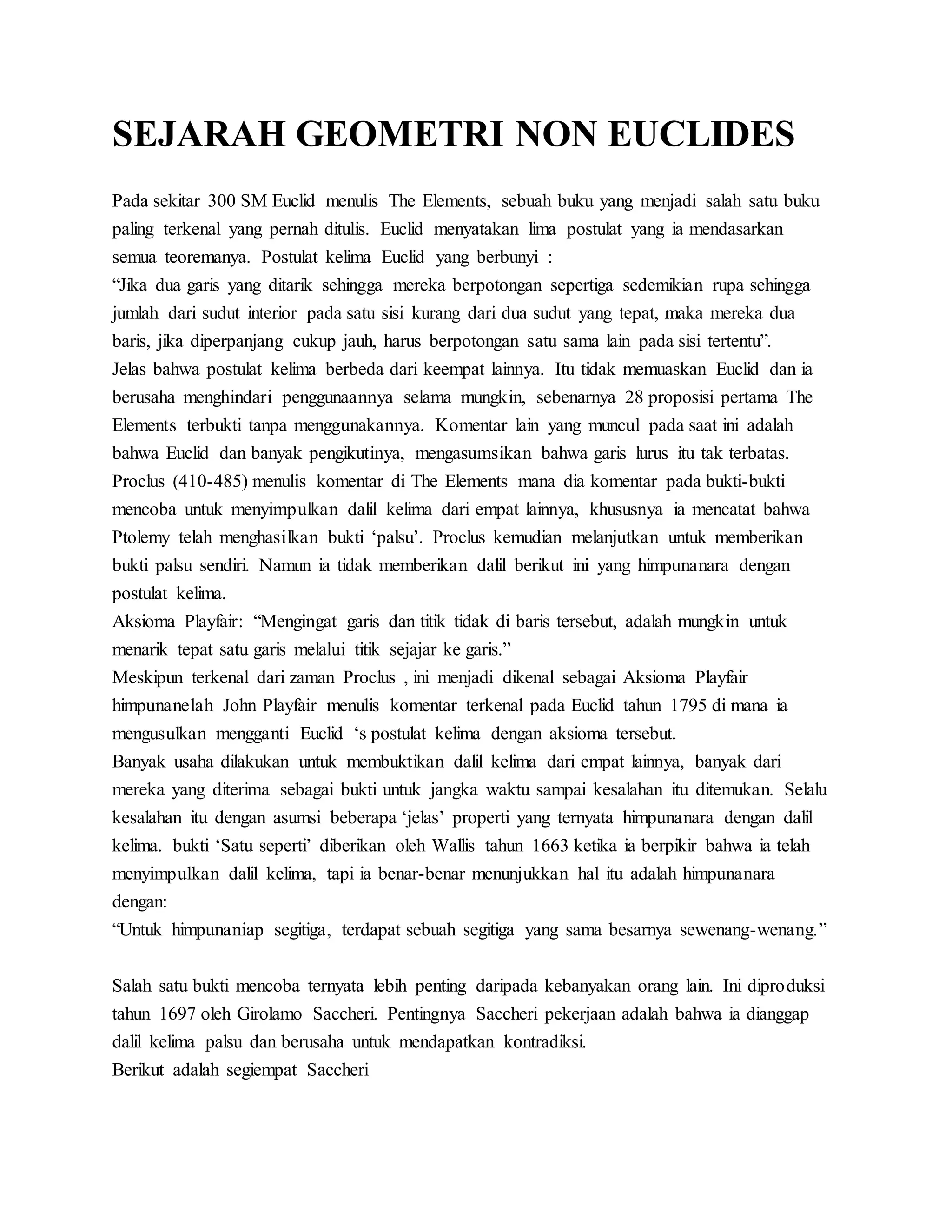 Sejarah geometri non euclides | DOCX