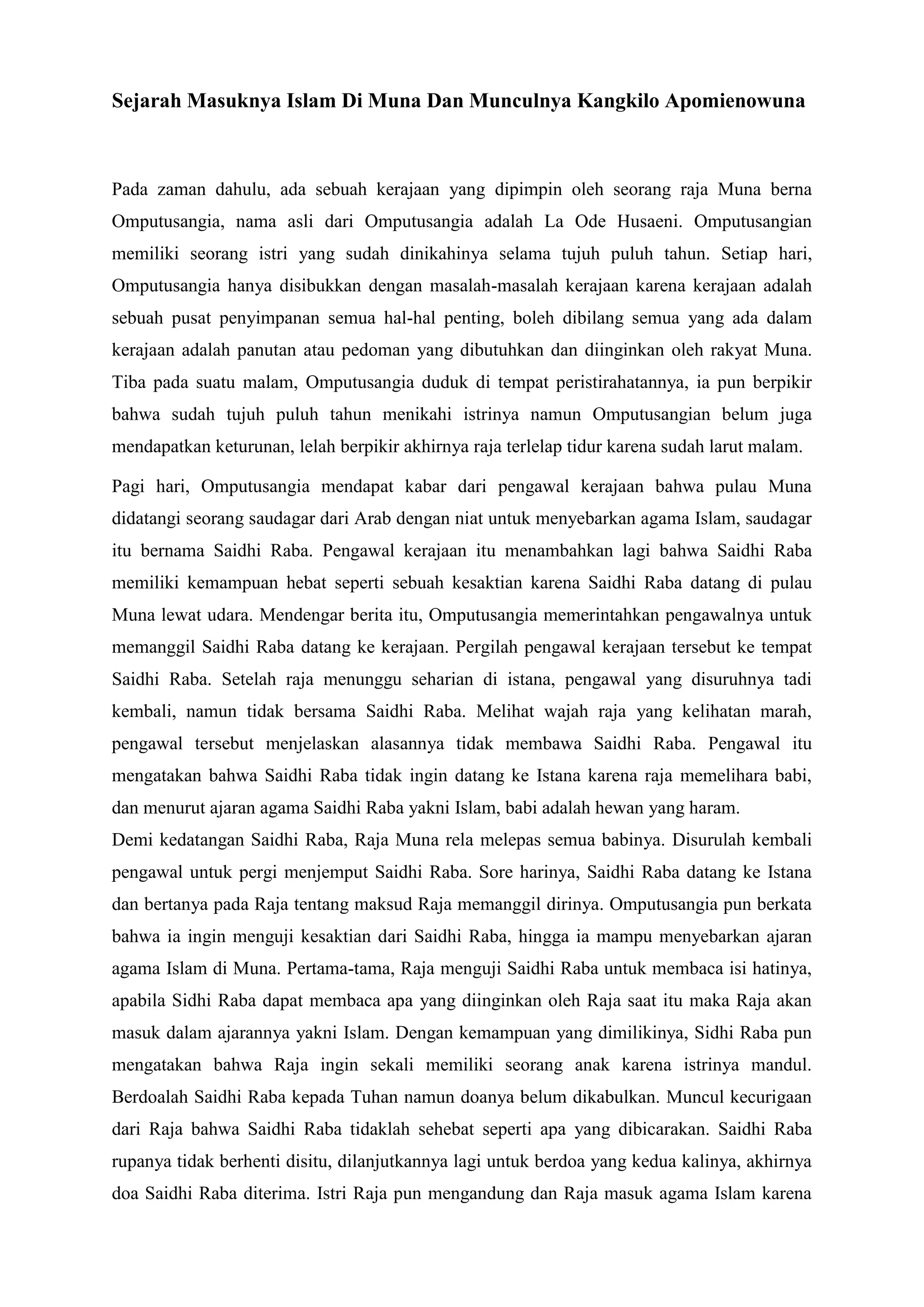 Sejarah masuknya islam di muna dan munculnya kangkilo apomienowuna | DOCX