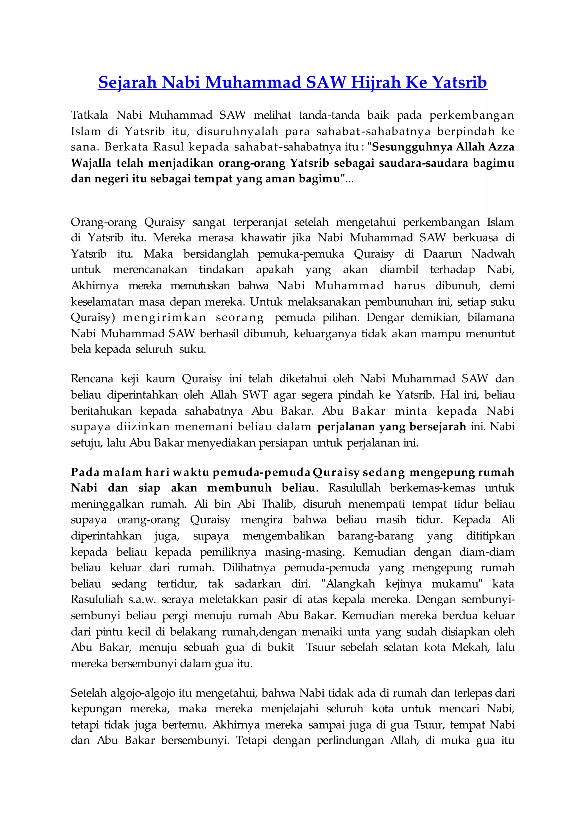 Sejarah Nabi Muhammad SAW hijrah ke yatsrib | DOCX