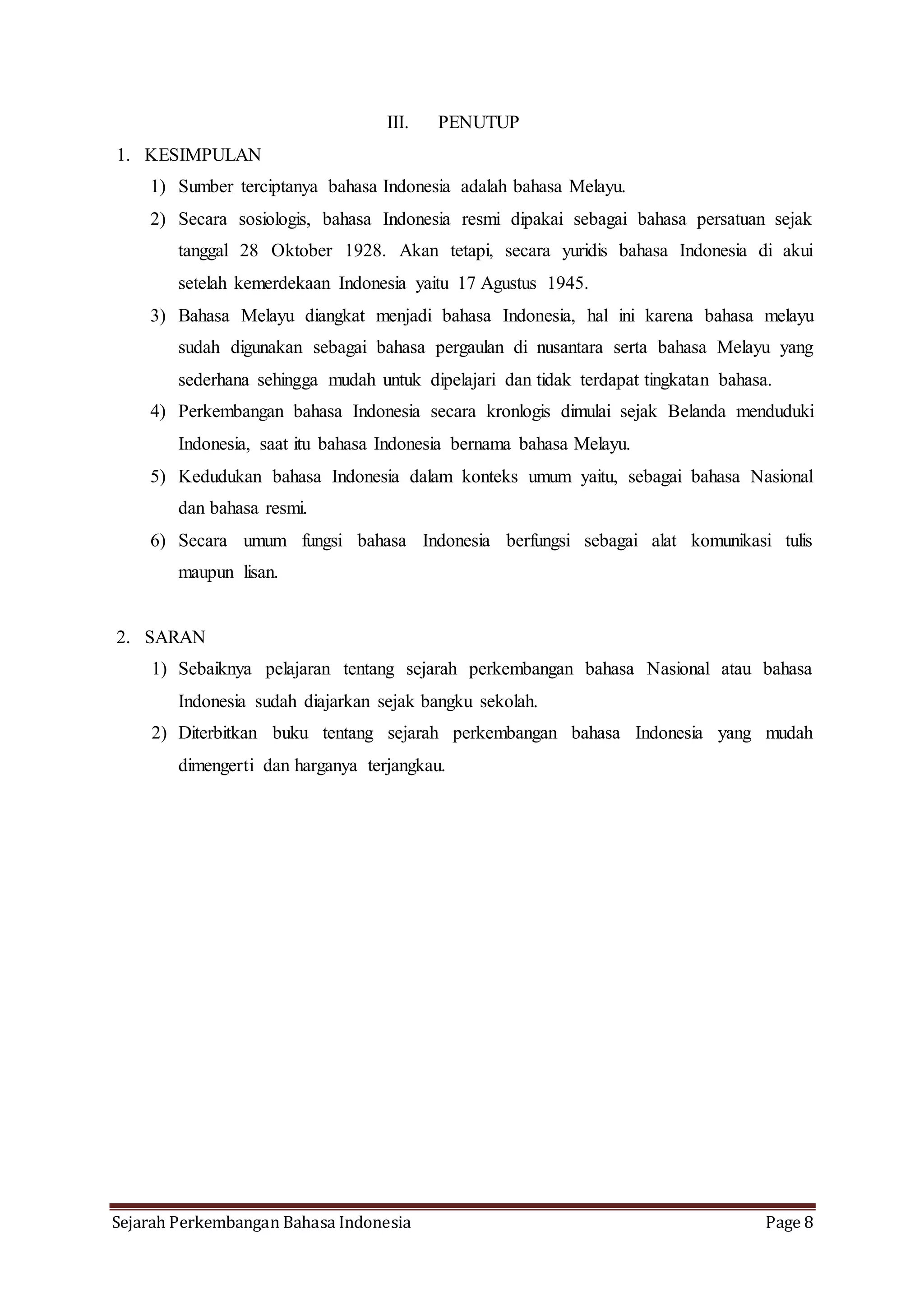Sejarah perkembangan bahasa indonesia | DOCX