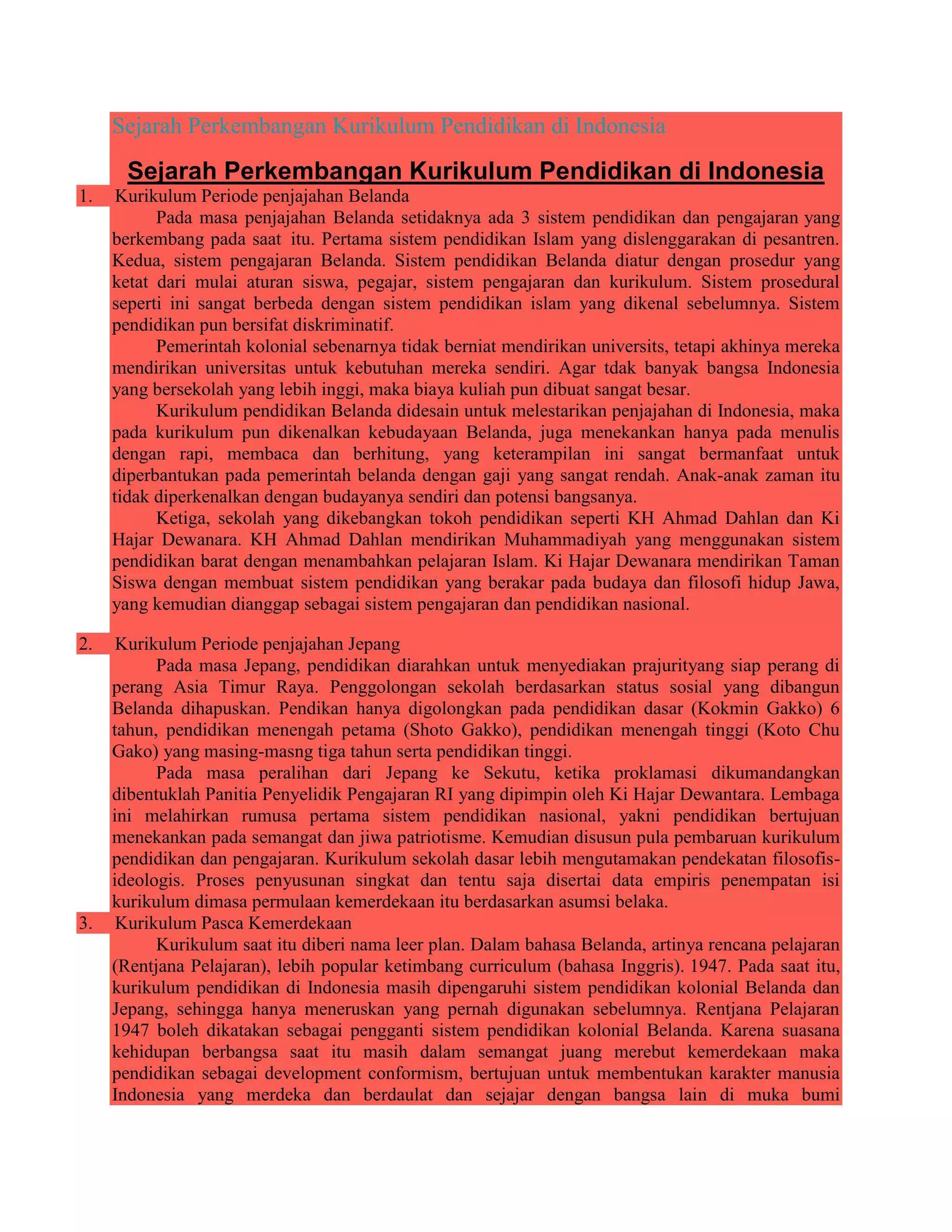 Sejarah perkembangan kurikulum pendidikan di indonesia | PDF