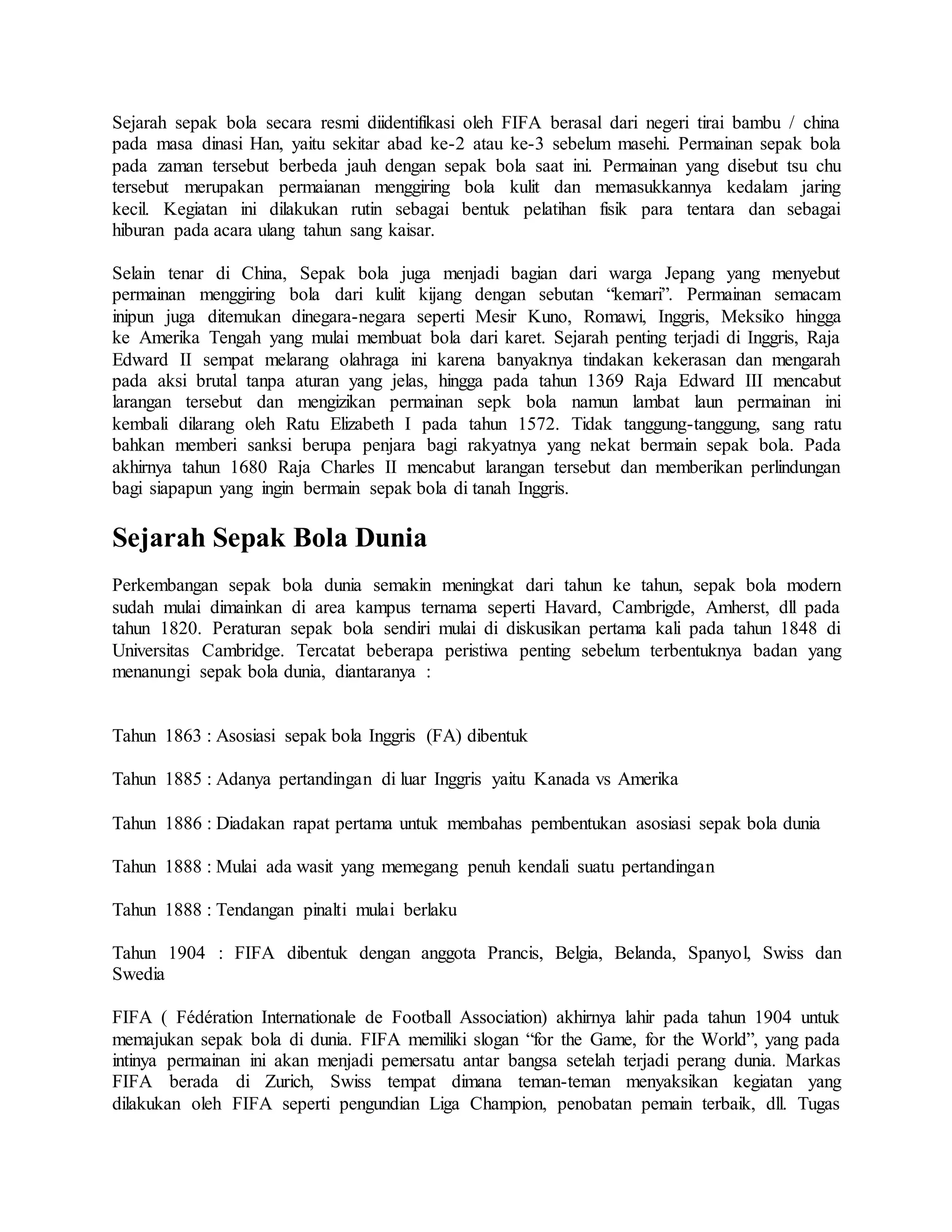 Sejarah sepak bola secara resmi diidentifikasi oleh fifa berasal dari ...