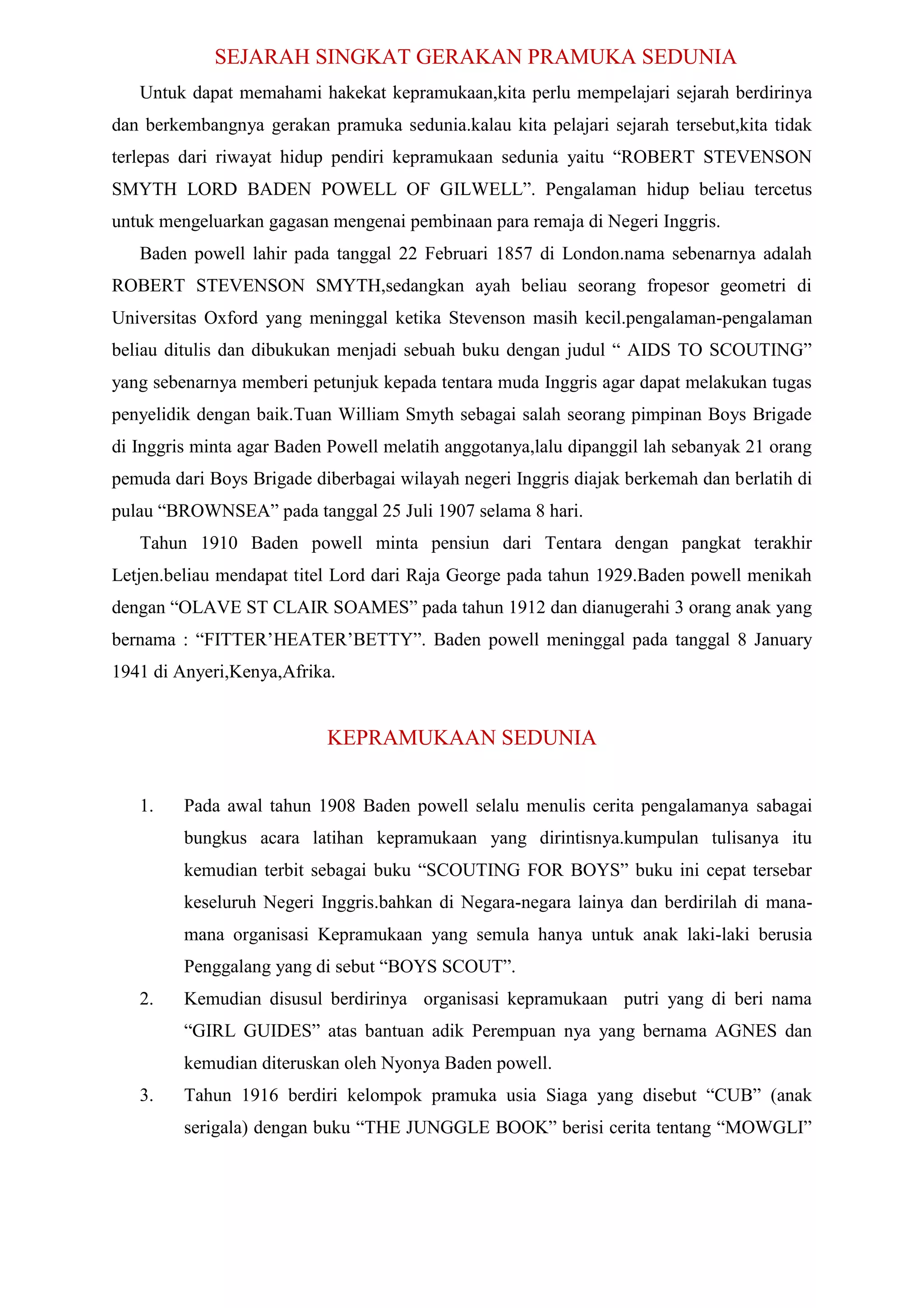 Sejarah singkat gerakan pramuka sedunia | DOCX