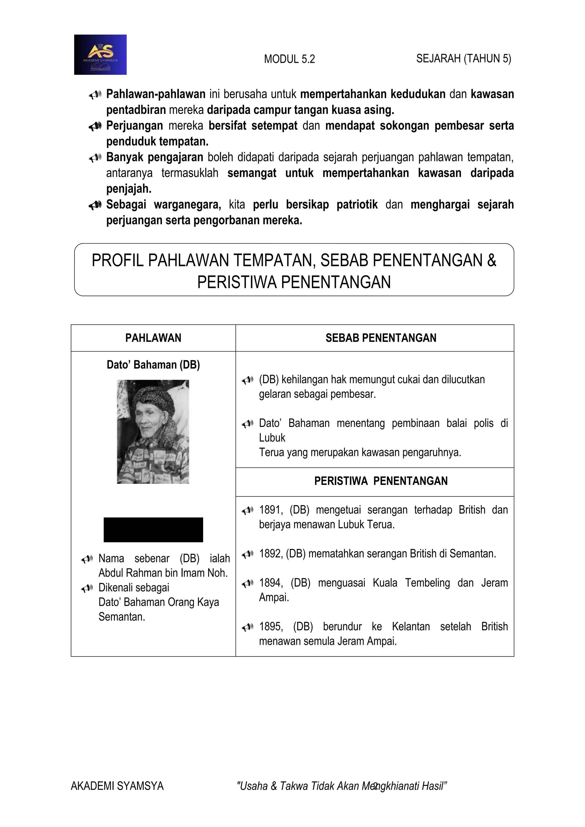SEJARAH TAHUN 5 BAB 5 MODUL 5.2 BANGKIT BERJUANG PENJAJAH DITENTANG ...